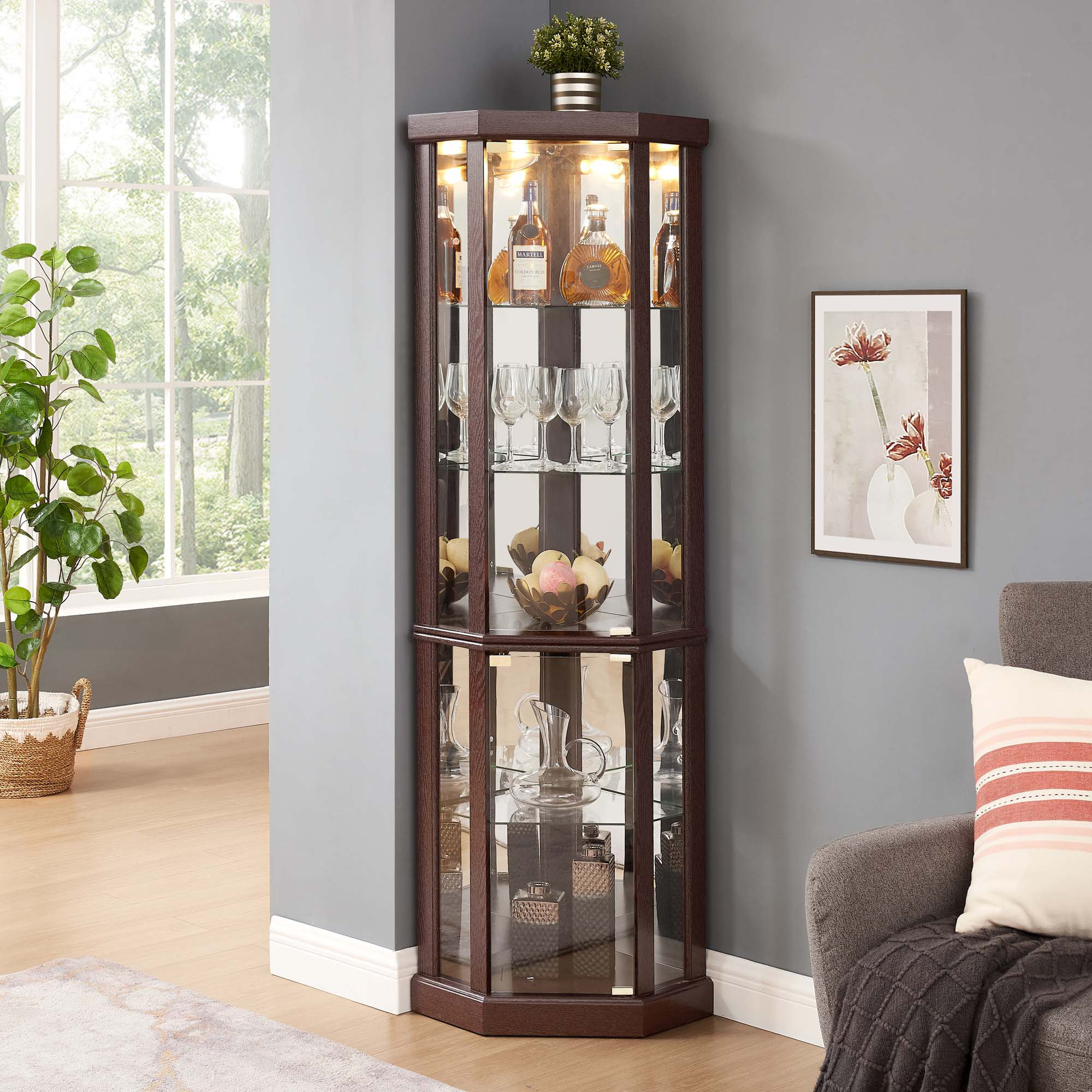 Winston Porter Corner Display Cabinet With Glass Door, Shelves & Light ...