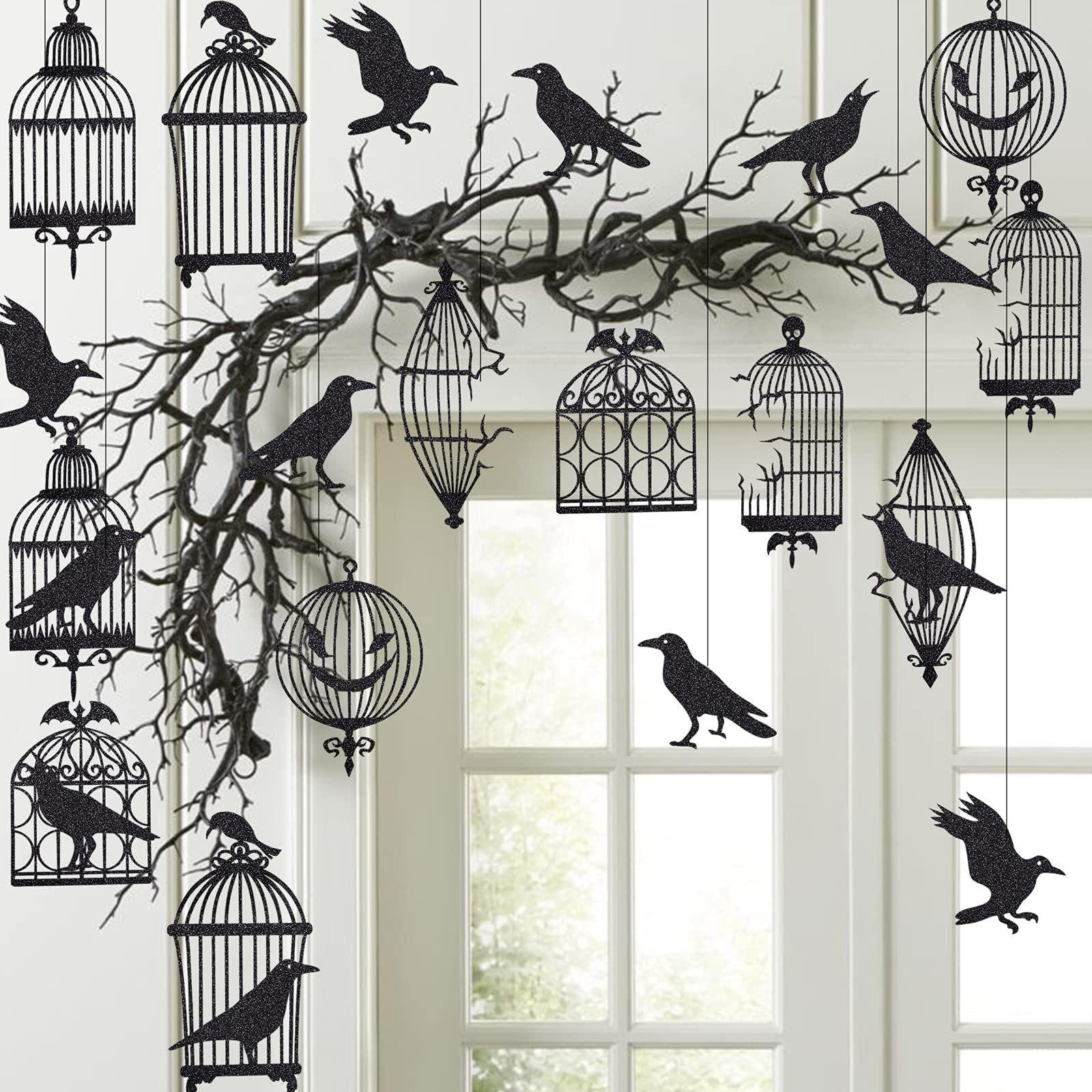 COEN Black Crow & Cage Garland: Gothic Glitter Halloween Decorations ...