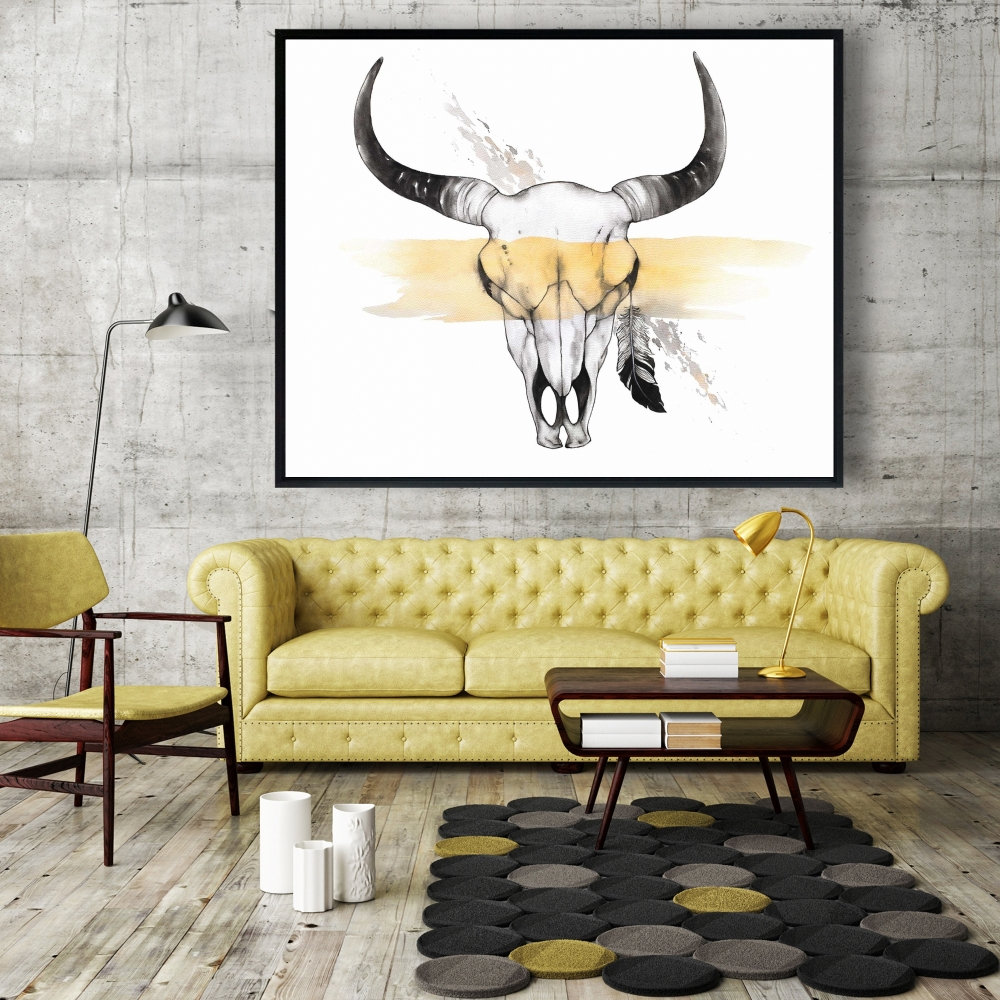 Begin Edition International Inc. Cow Skull with Feather - Yellow Framed ...
