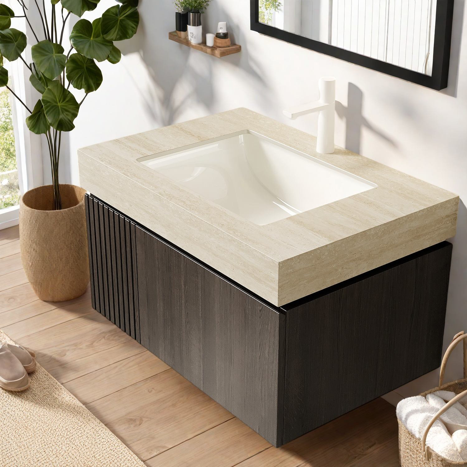 Latitude Run® Modern Vanities With Storage, Roma Travertine Sintered ...