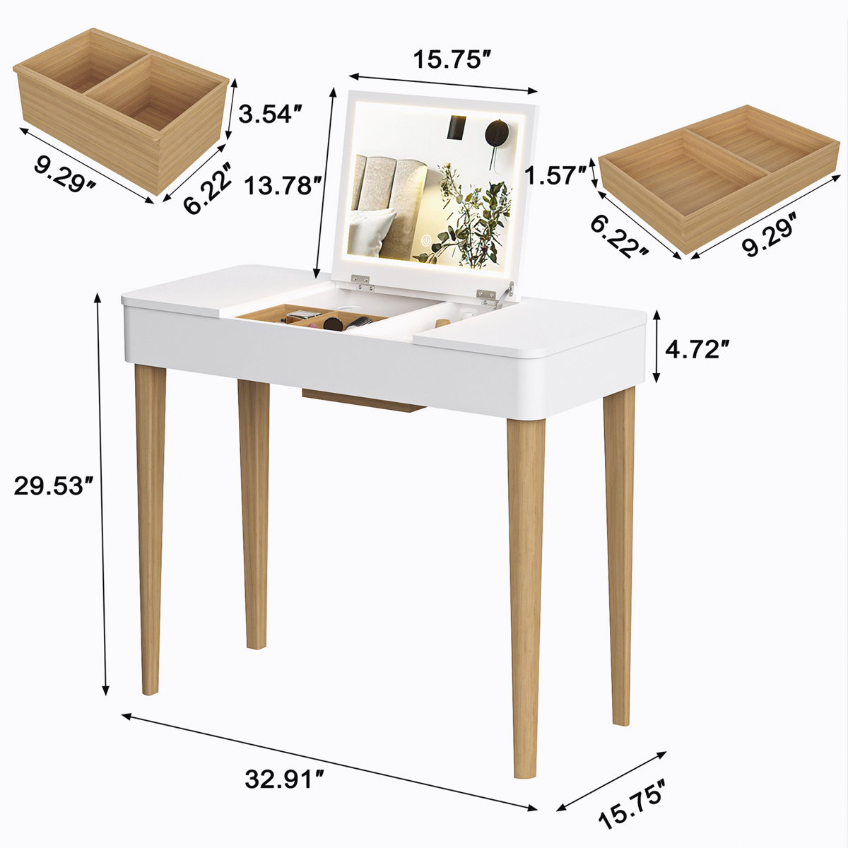 George Oliver Vanity Mirror With Lights and Solid Wood Legs and Flip-Up ...