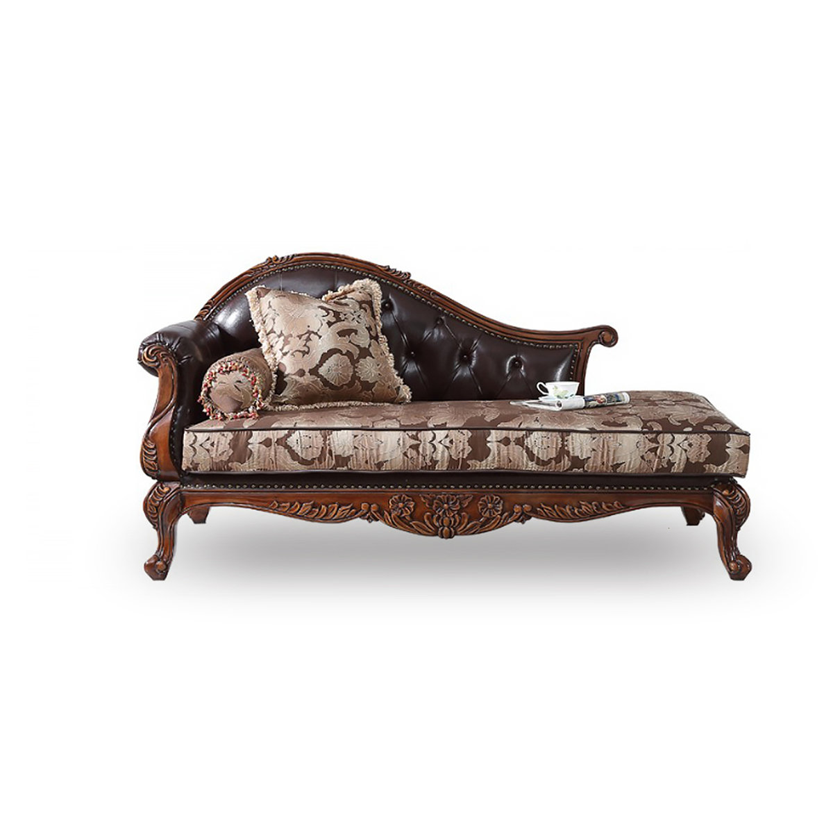 Finesse Furni Elegant Living Room Carved Chaise: Brocade & Leather ...