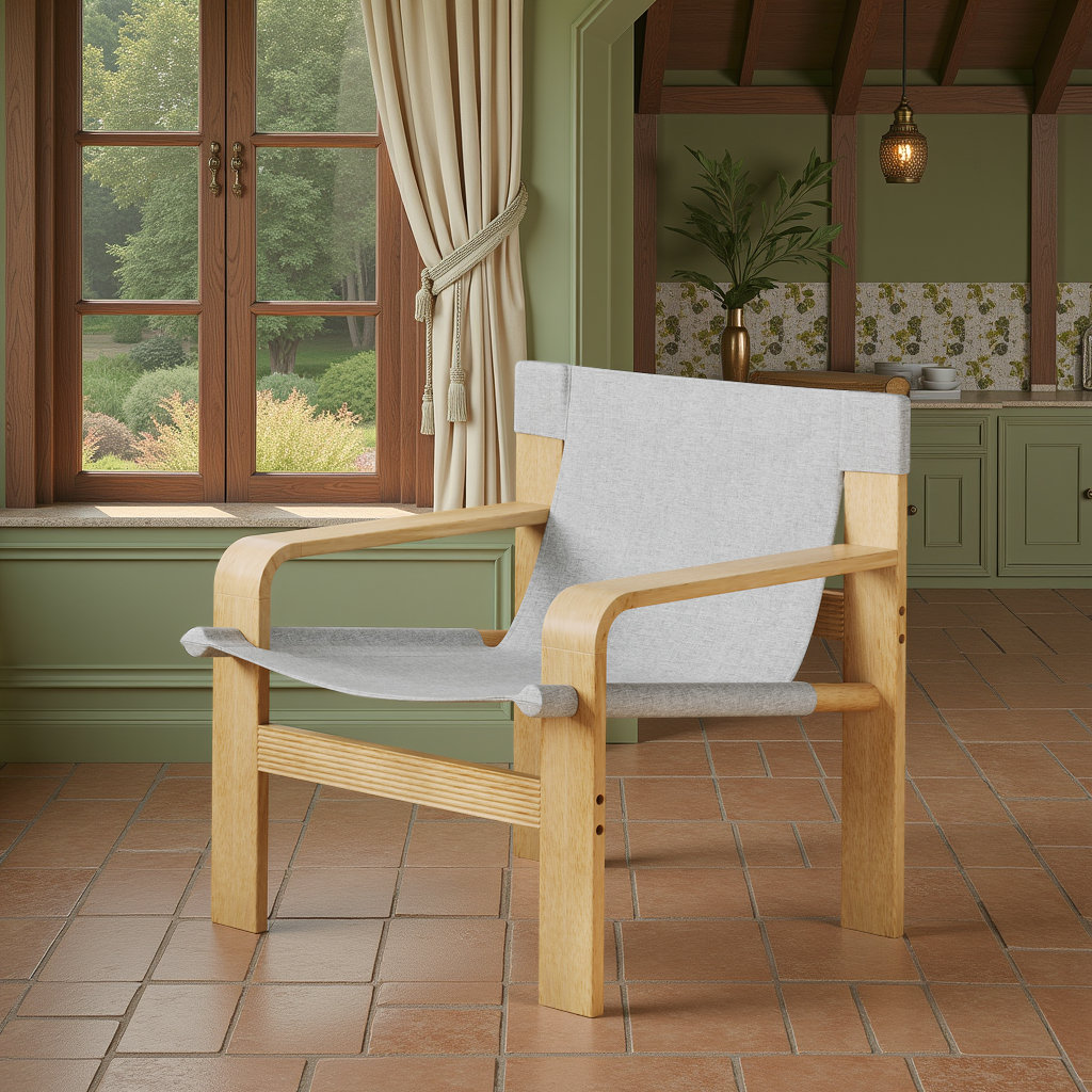 Ebern Designs Mid-Century Oak Accent Chair - Linen Lounge Chair with ...