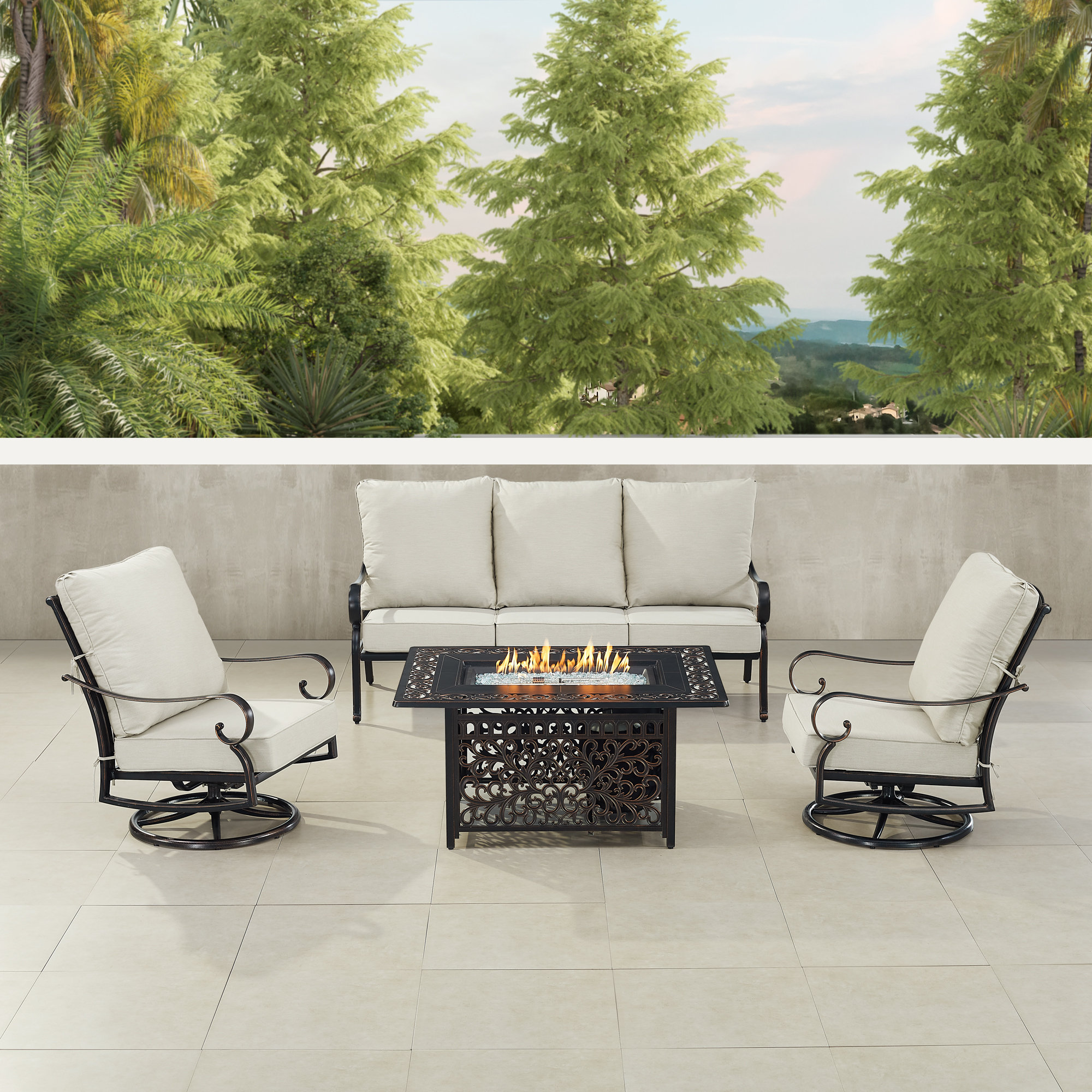 Canora Grey Black Aluminum Fire Table Set with Sofa and Two Club Chairs ...