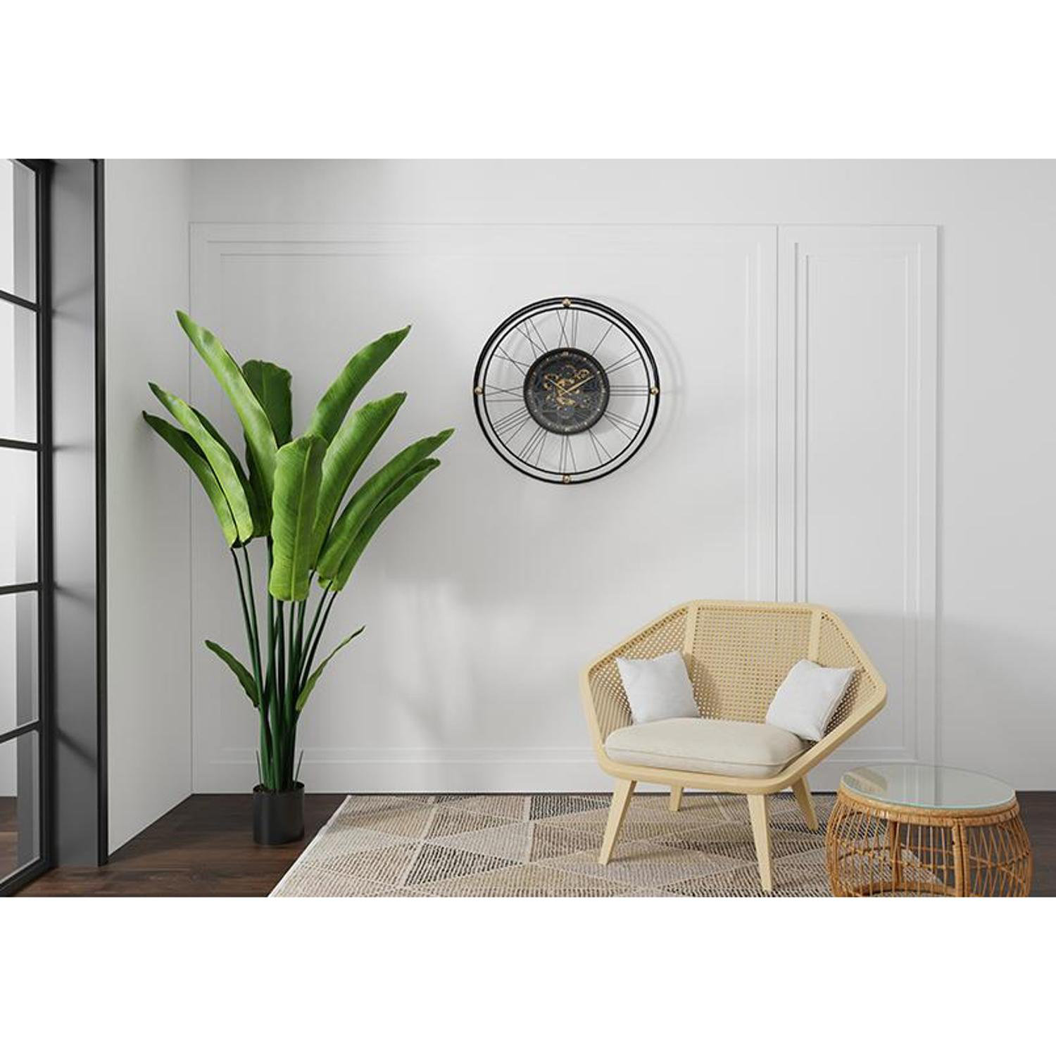 HomeRoots 32" Circle Black Metal and Glass Analog Exposed Gear Wall ...