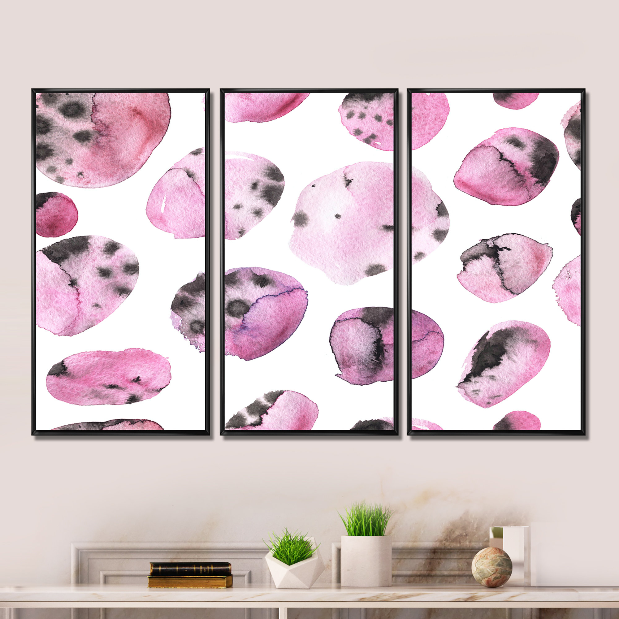 Wrought Studio™ Pink And Black Shapes On White - Modern Framed Canvas ...