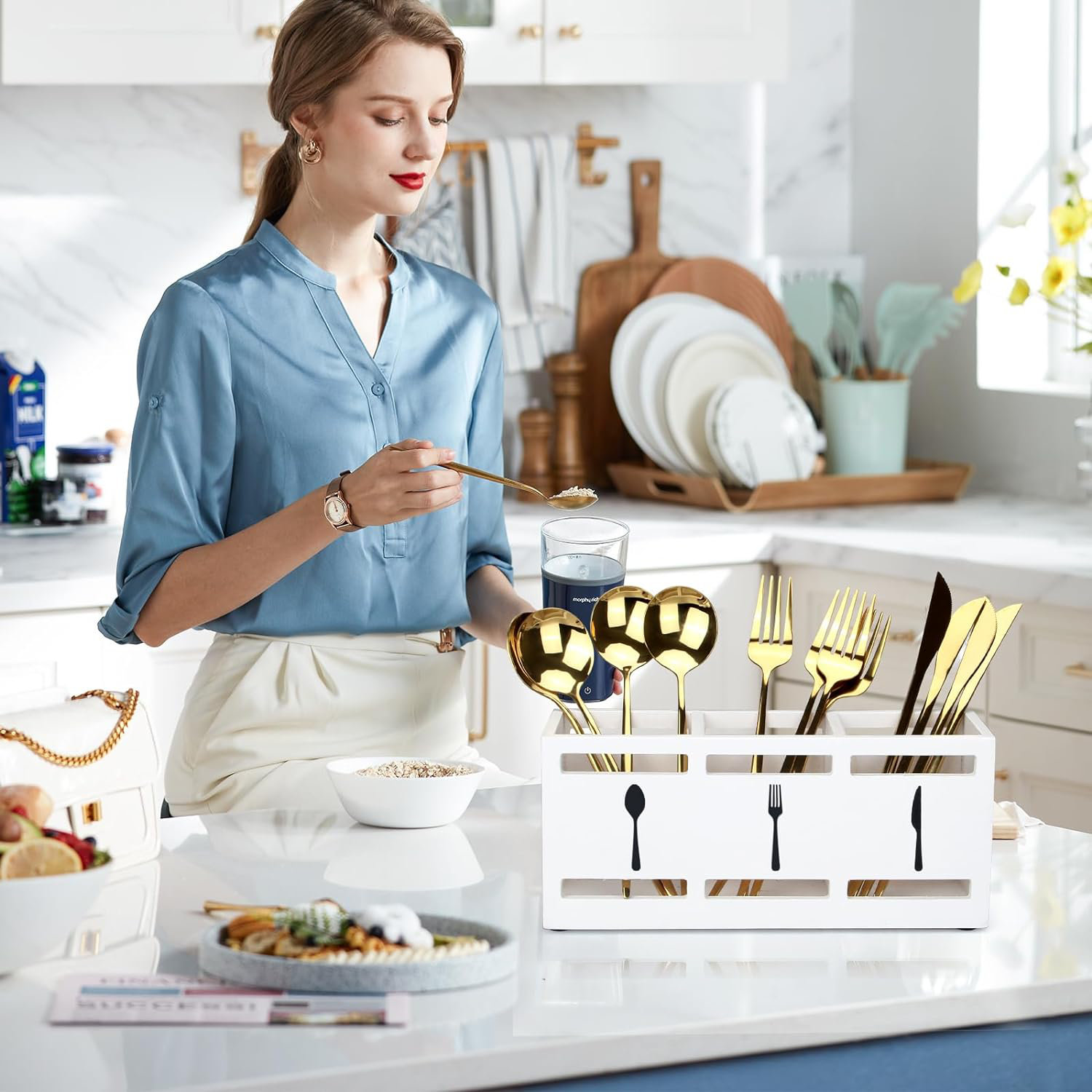 Latitude Run® Wooden Silverware Cutlery Holder White Flatware Caddy Kitchen Utensils Holder For ...