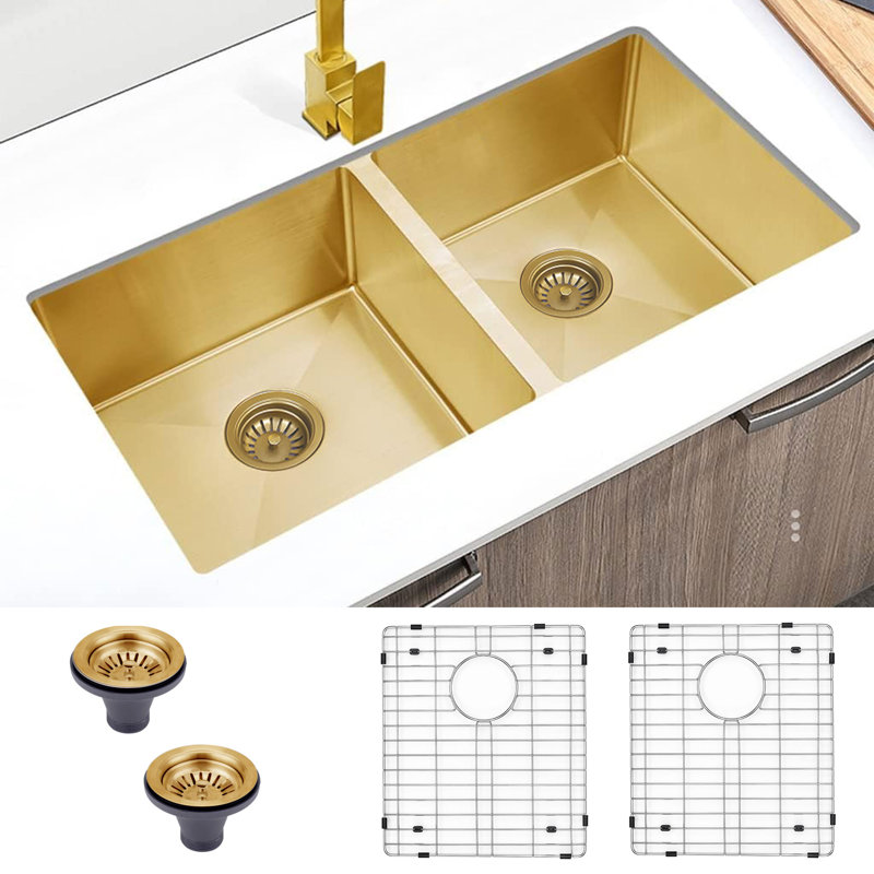 HIGOLD 33" L Undermount Double Bowl 16 Gauge 304 Stainless Steel ...