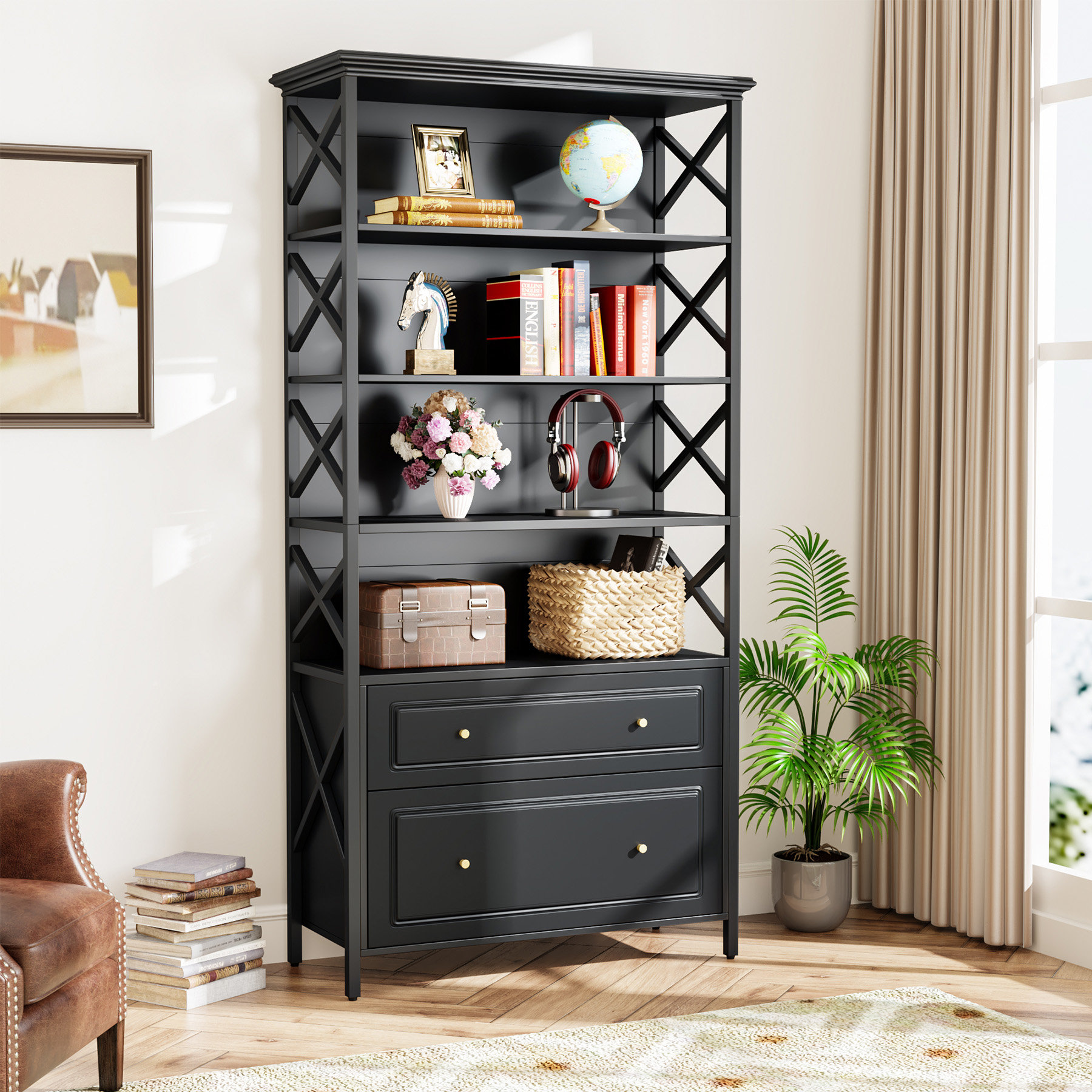 Wildon Home® Lata 71.65" H x 31.5" W Iron Bookcase with 2 Drawers ...