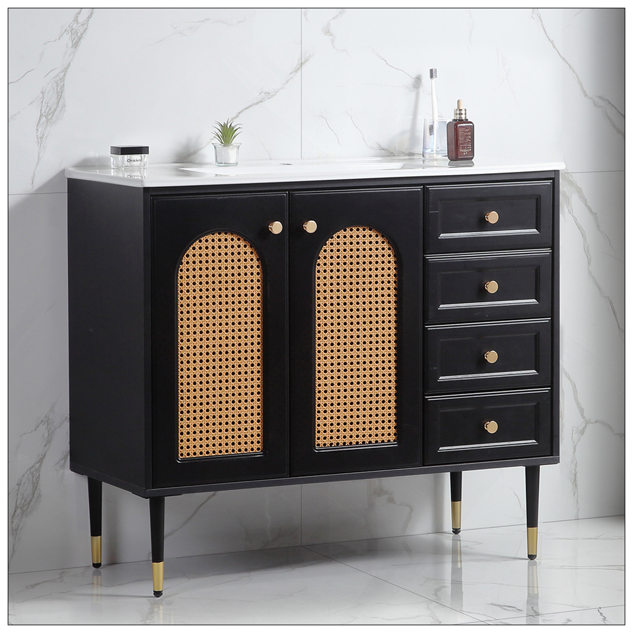 Mercer41 Stylish 36" Bathroom Vanity With Ceramic Basin, Rattan ...