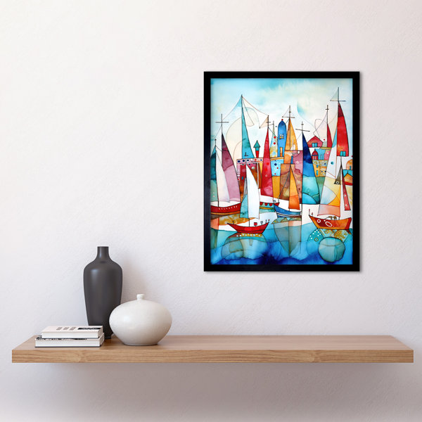 Breakwater Bay Harbour Boats Abstract Folk Art Watercolour Painting Art ...
