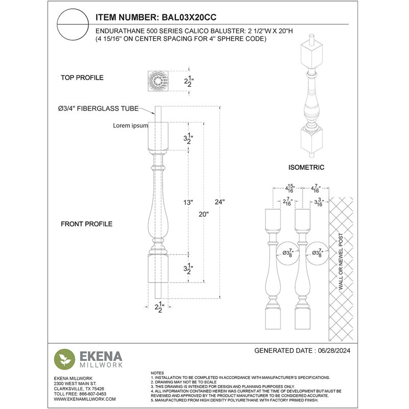 Ekena Millwork Endurathane 500 Series Calico Baluster, Factory Primed ...