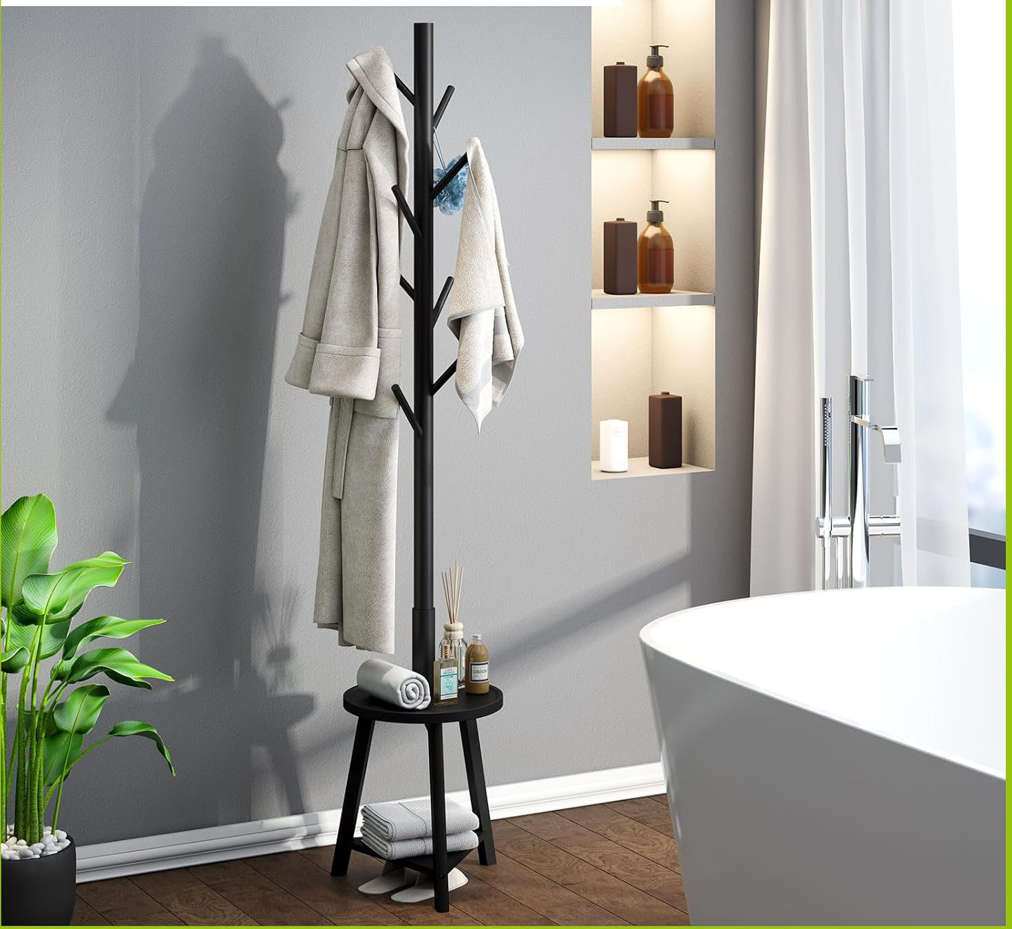 Latitude Run® Coat Rack Freestanding Stand With 2 Shelves Bamboo Wooden ...