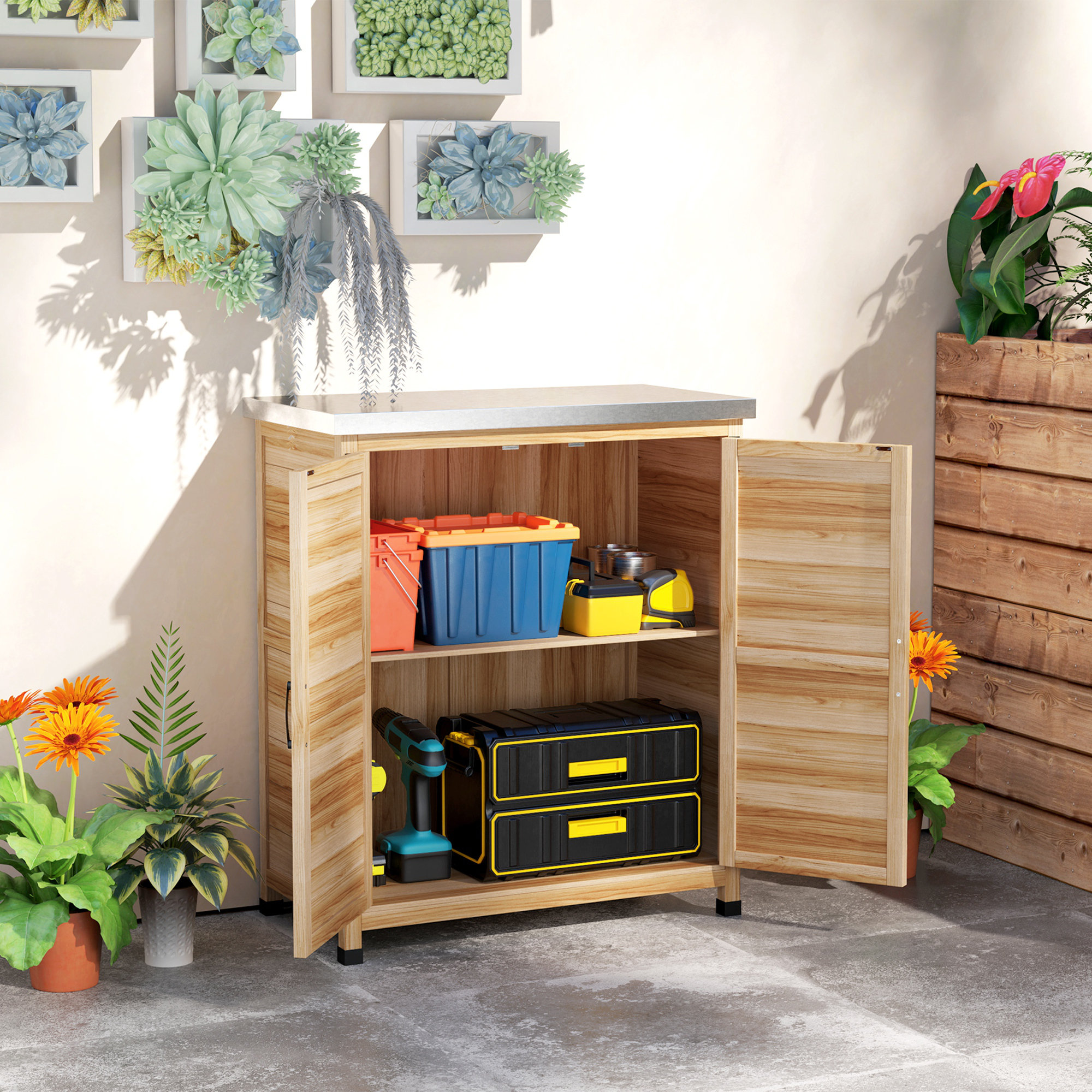 Outsunny Outdoor Storage Cabinet, Wooden Tool Storage Box with Metal ...