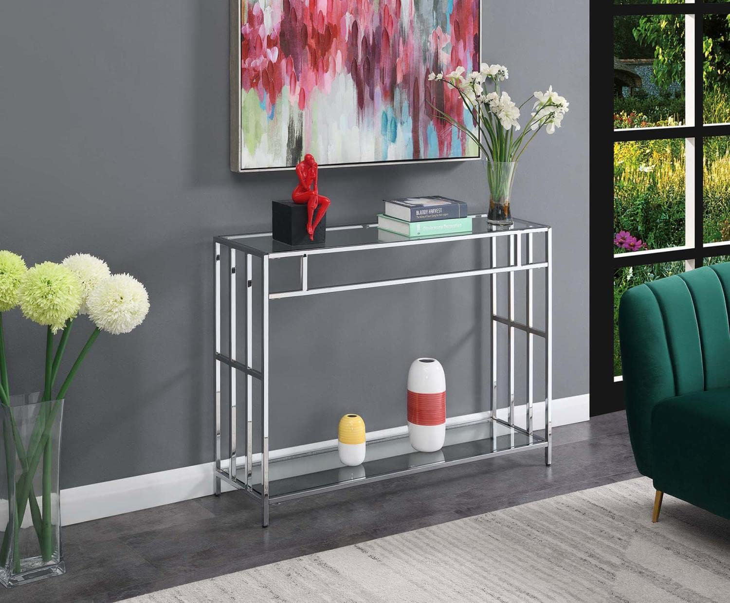 Ivy Bronx Modern Glass Console Table With Chrome Frame And Tempered ...