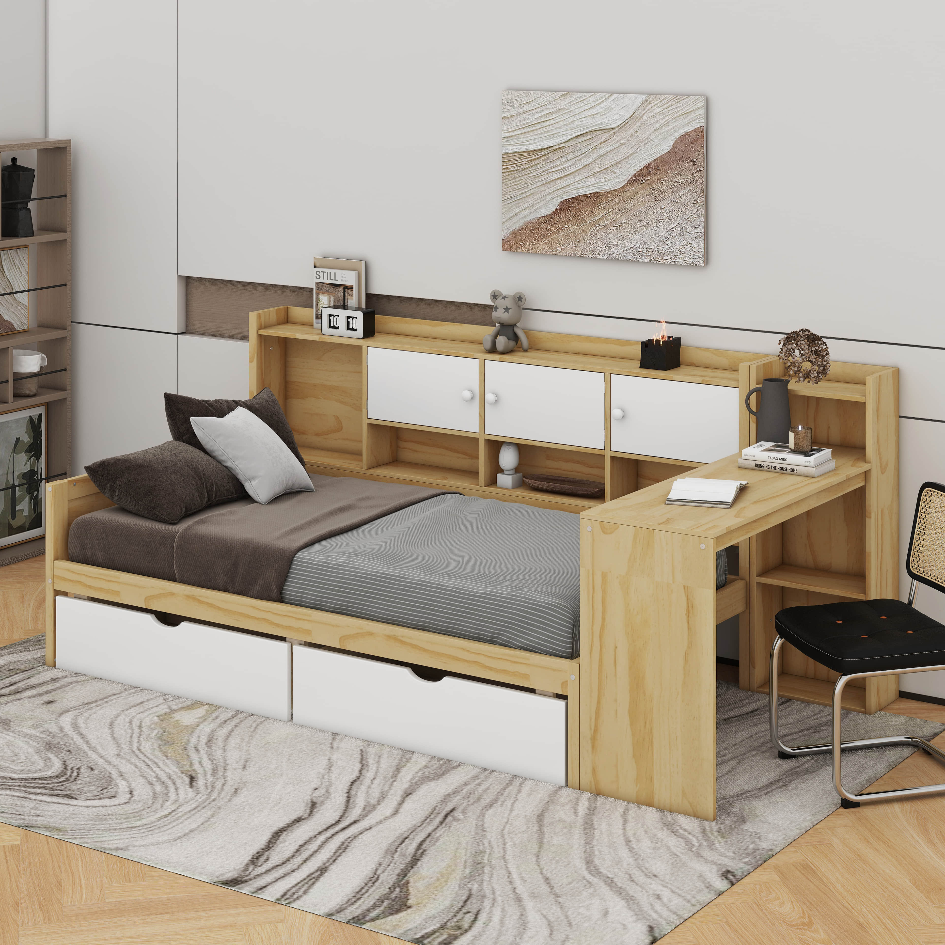Latitude Run® Twin Wooden L-Shape Daybed With Seven Storage Cabinets ...
