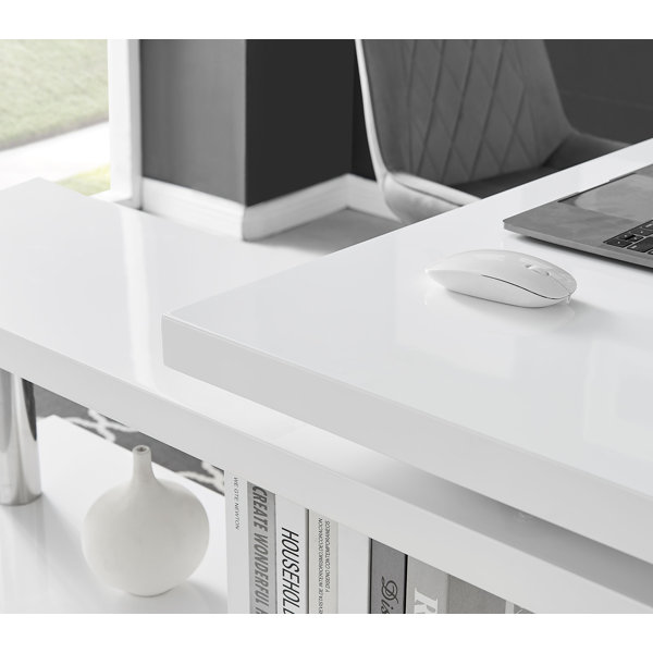 East Urban Home High Gloss Rotating L Shaped Desk with Shelf Storage ...