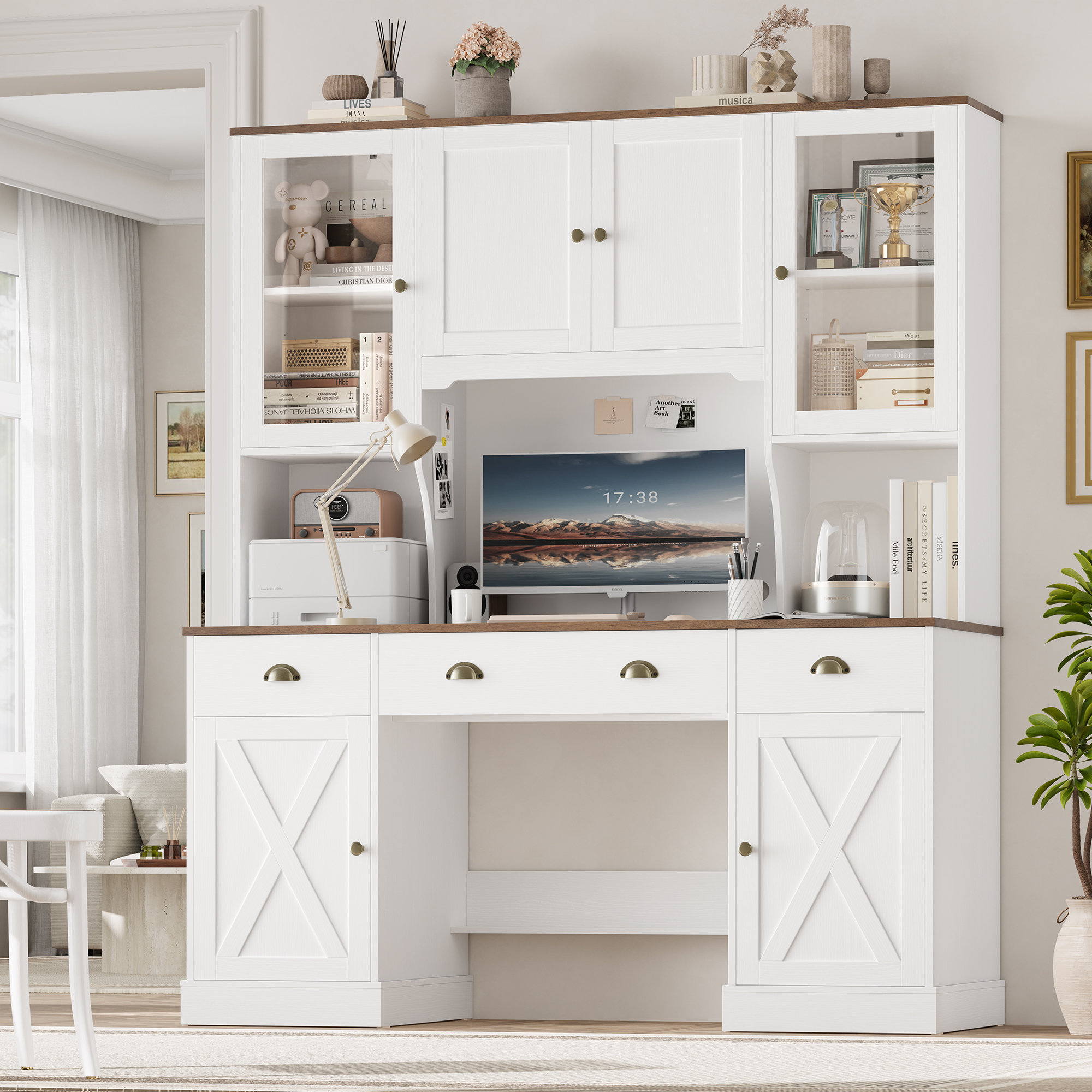 Gracie Oaks ??? Farmhouse Style 63"W Computer Desk with Hutch ...