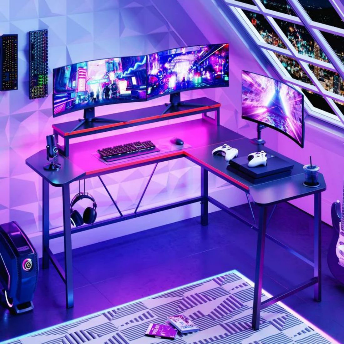 Inbox Zero 56.6" L Shaped Gaming Desk With LED Lights Home Office Table ...