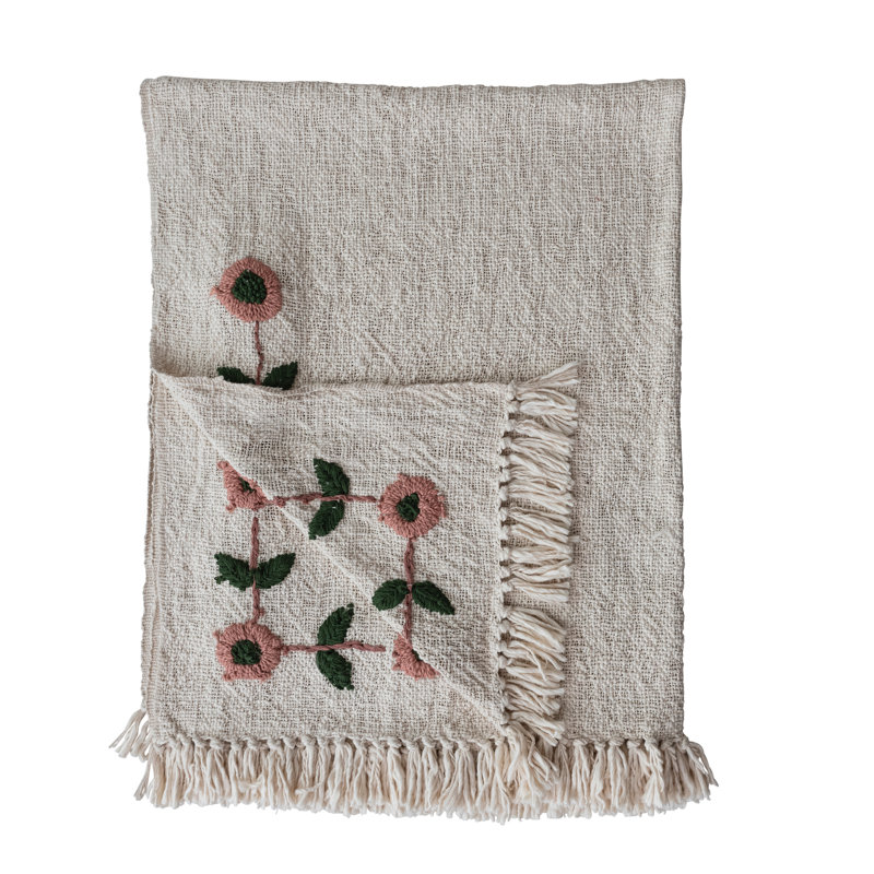 Creative Co-Op Woven Cotton Slub Throw With Hand-Embroidered Flowers ...