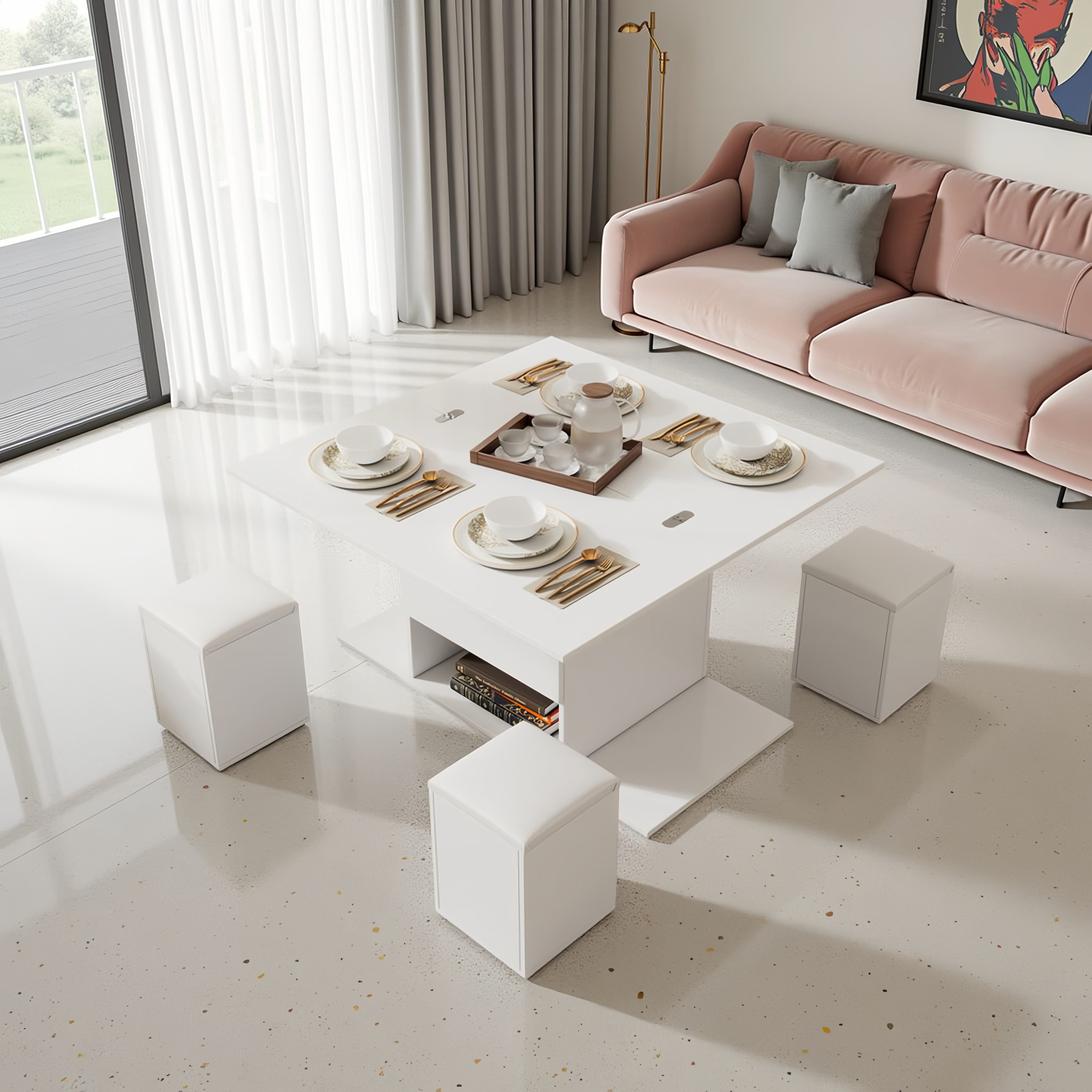 Brayden Studio Convertible Lift-Top Coffee & Dining Table Set With 4 ...