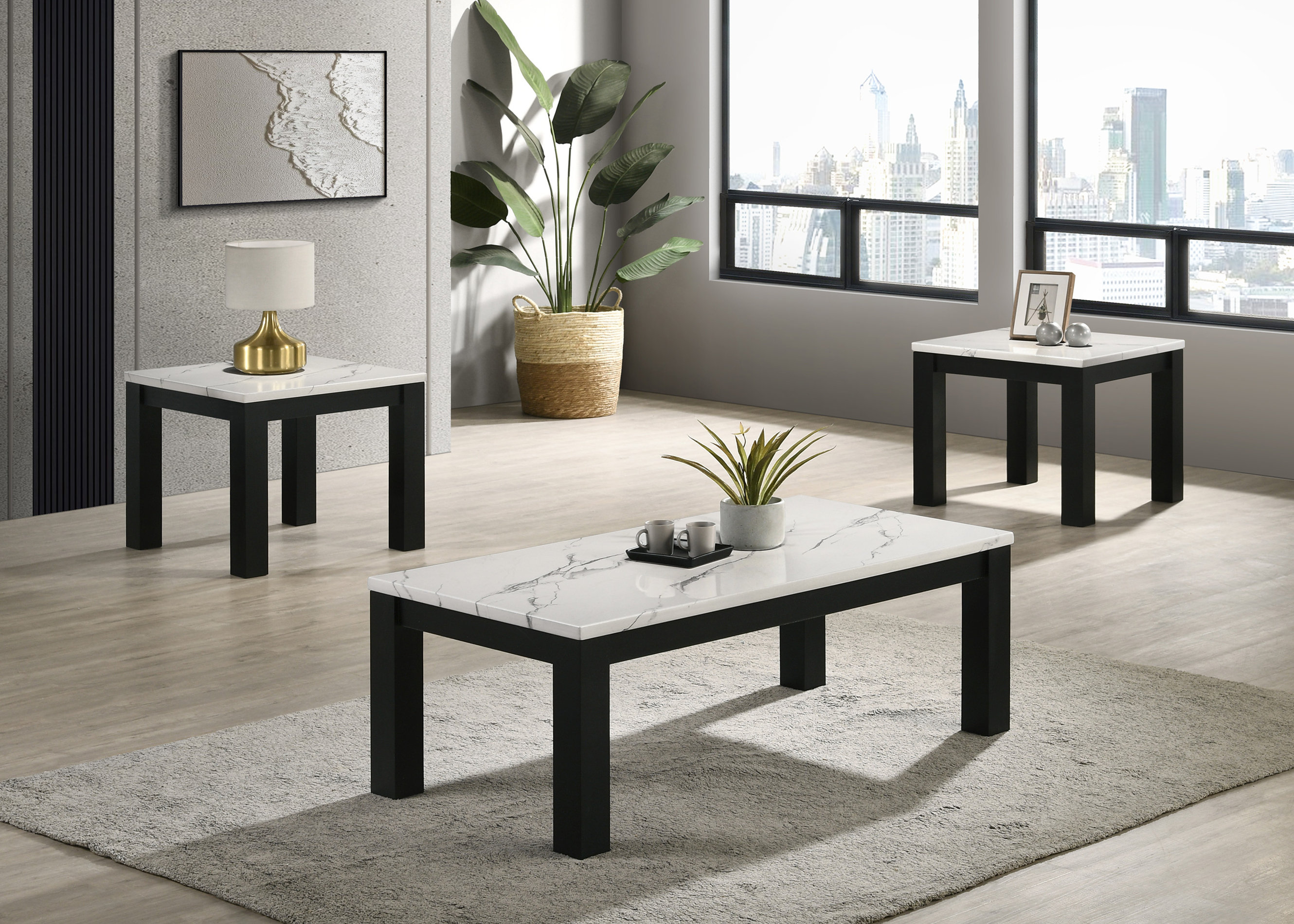 Hokku Designs White Black 3-Piece Living Room Table Set Table Top ...