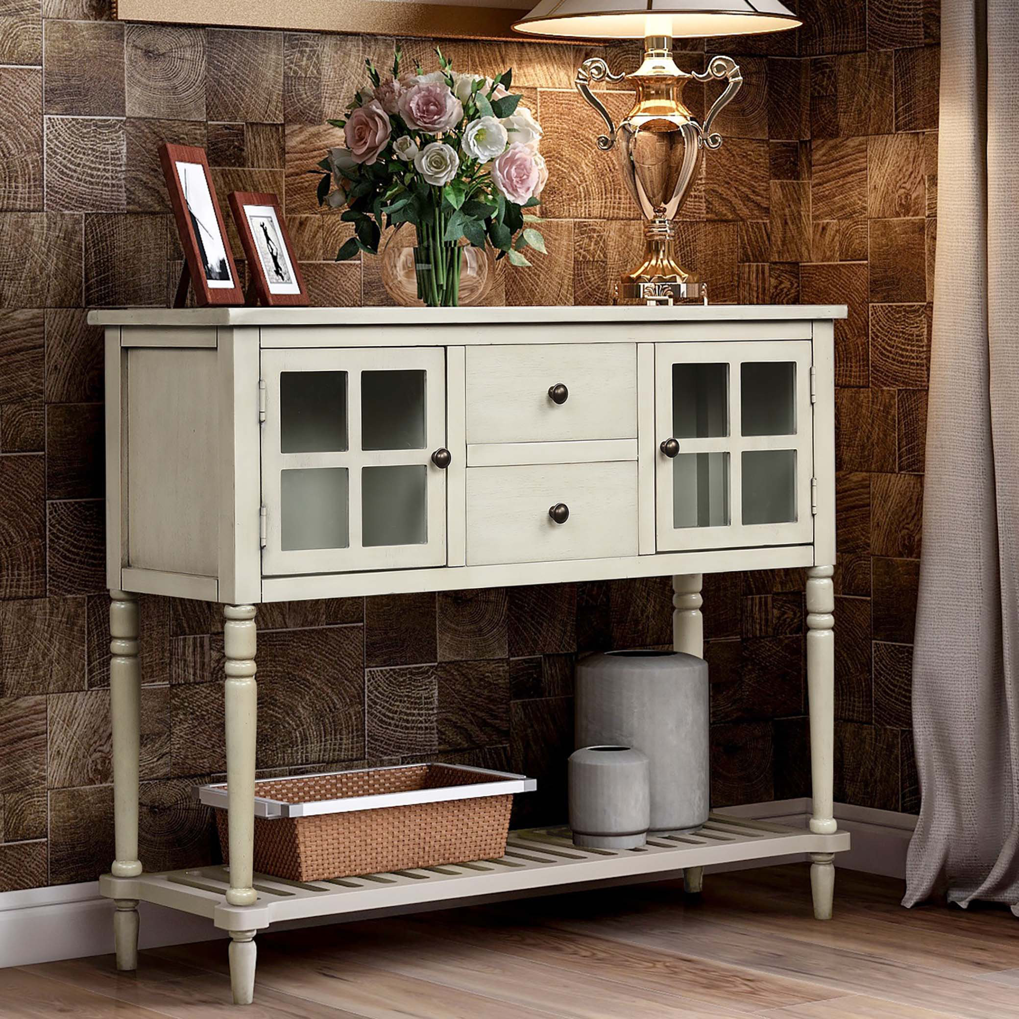 House On Tree Sideboard Console Table with Bottom Shelf, Farmhouse Wood ...