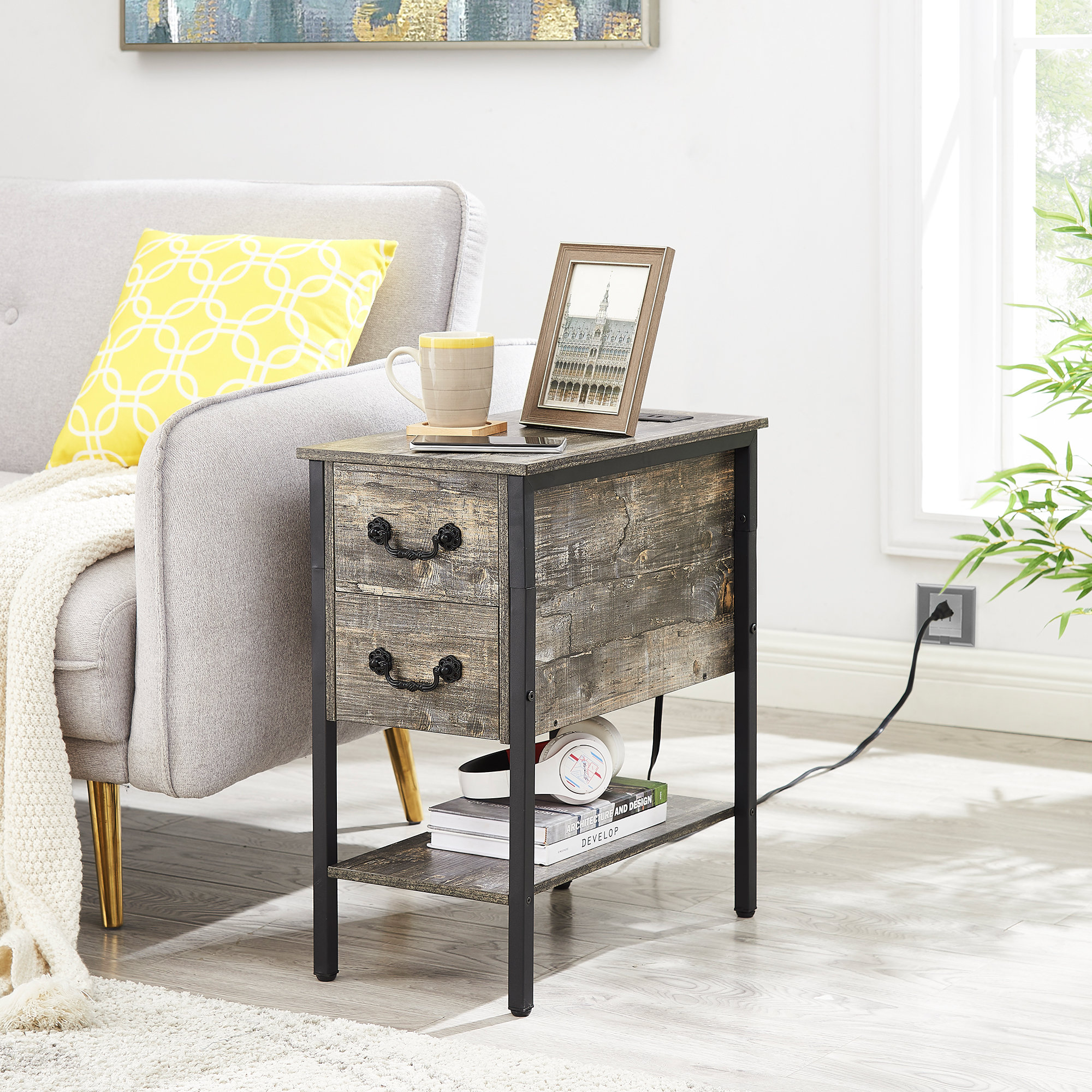 Winston Porter Handsford 2 - Drawer End Table with Built-in Outlets ...