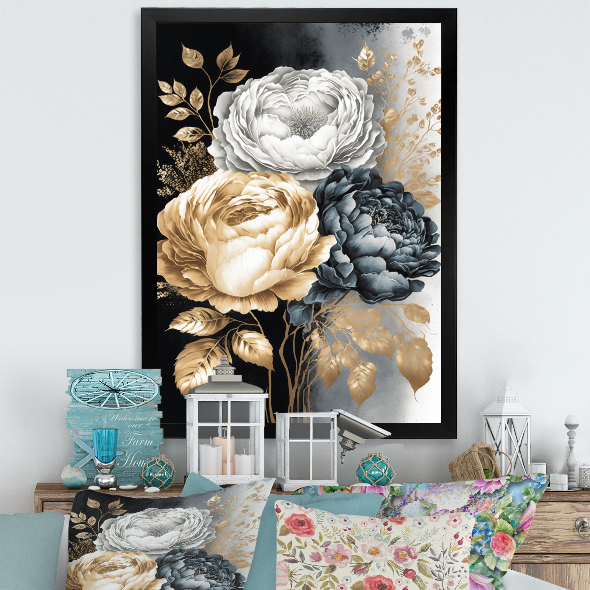 House of Hampton White, Gold And Black Rose Bouquet I White, Gold And ...