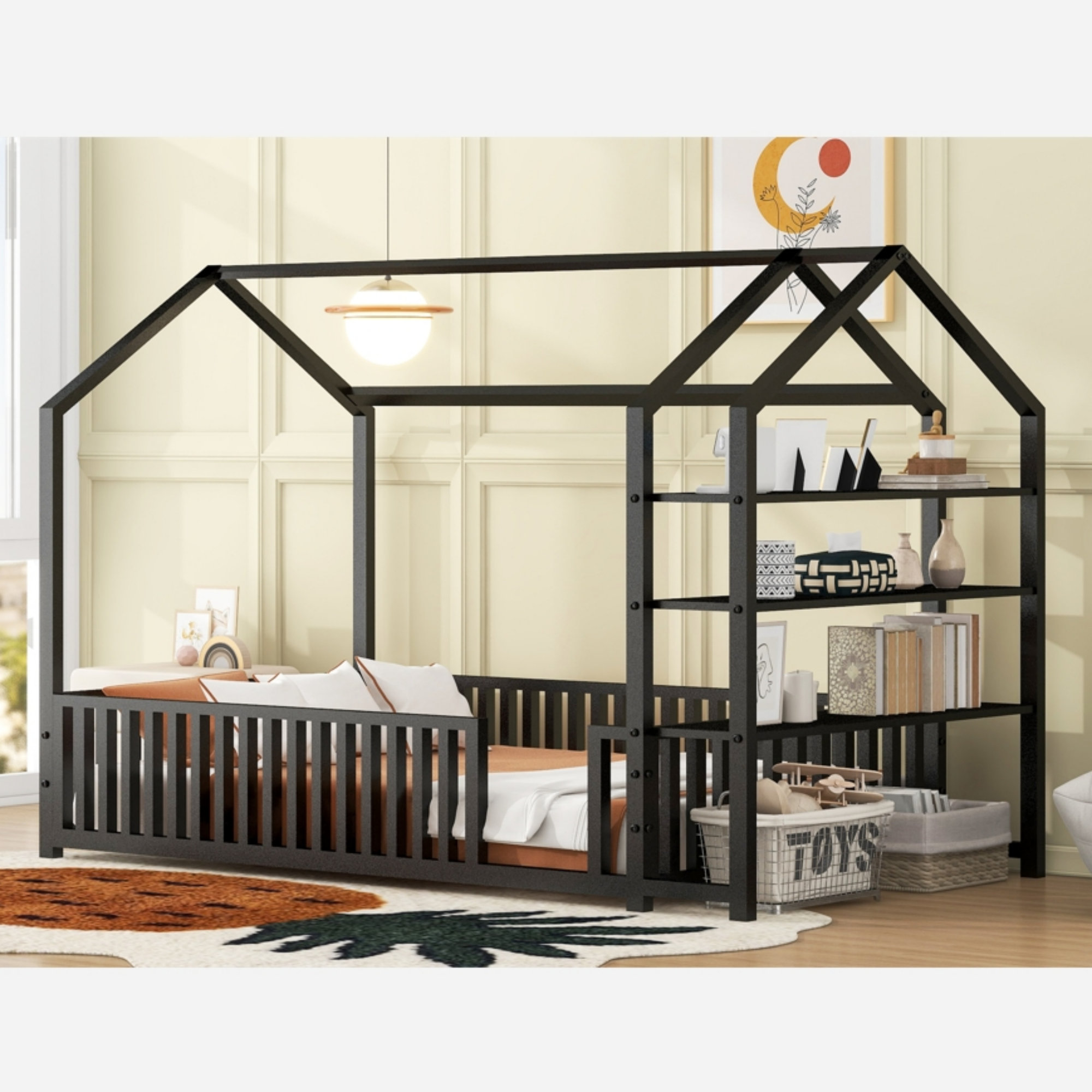 George Oliver Metal House Bed with Fence and Detachable Storage Shelves ...