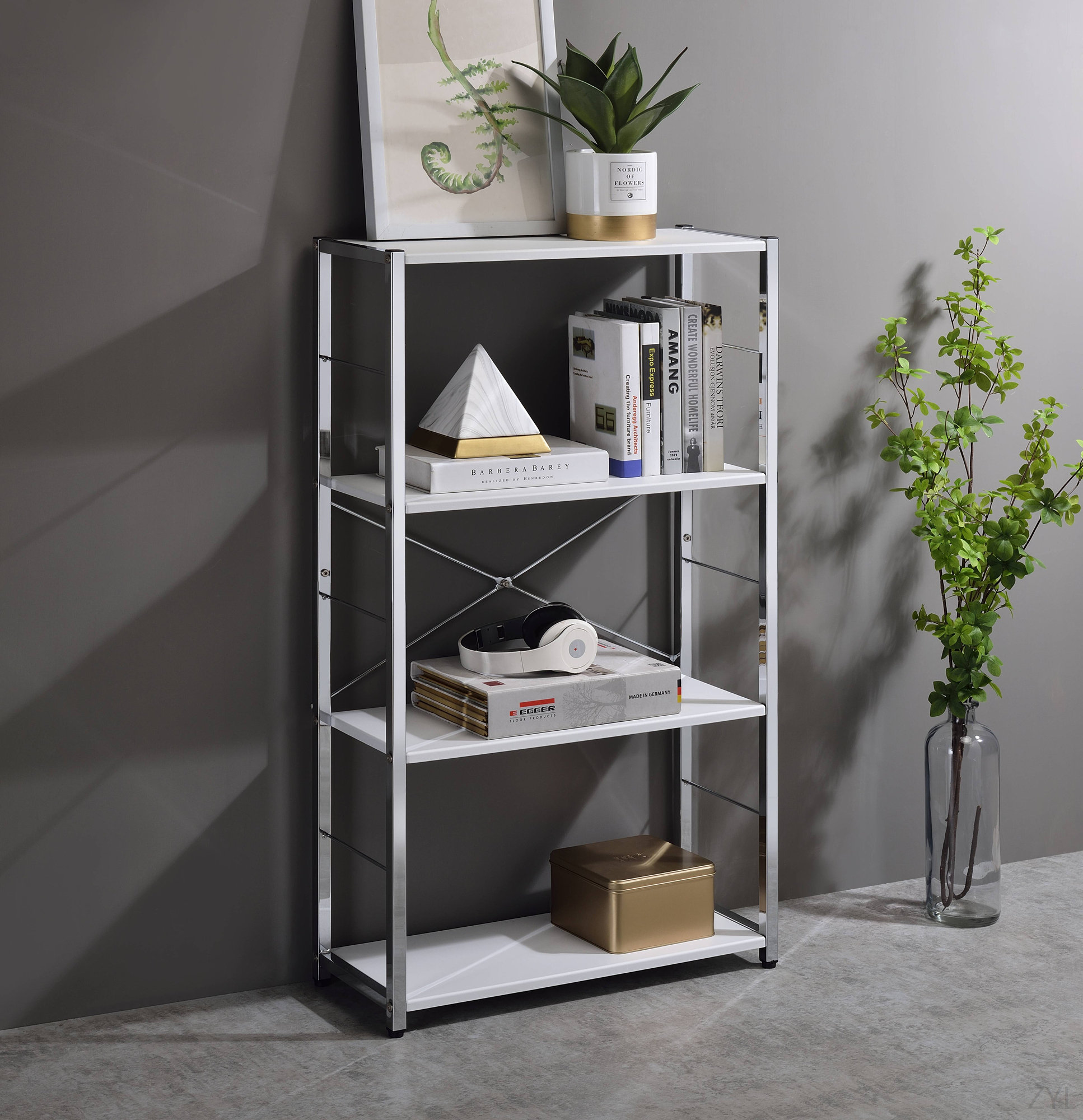 Ivy Bronx White & Chrome Finish Bookshelf | Wayfair