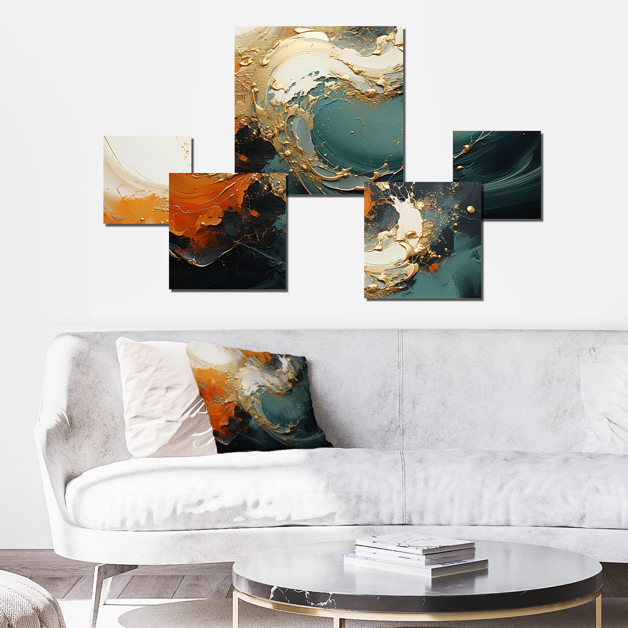 Mercer41 Blue And Golden Marble Storm VI - Abstract Square Wall Art Set ...