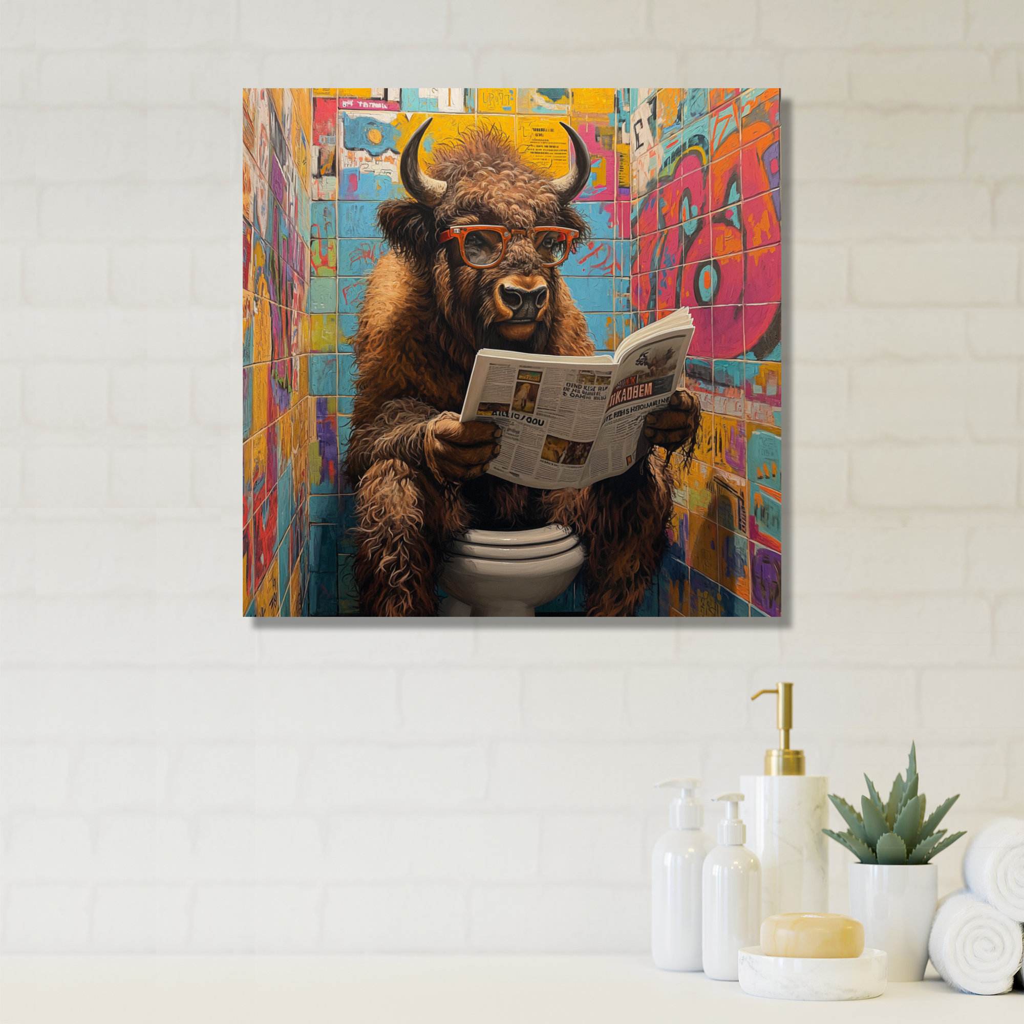 Trinx Bison With Glasses Reading Newspaper On Toilet II - Toilet Wall ...