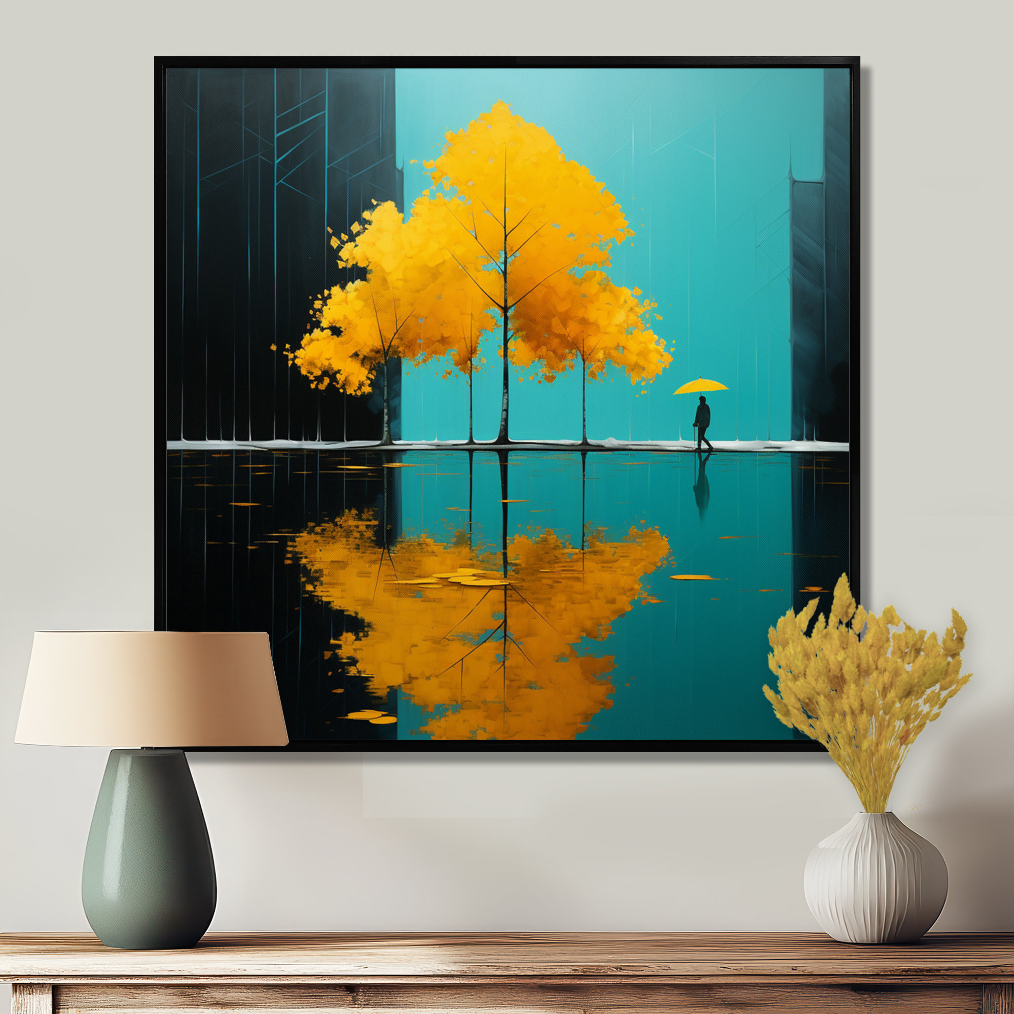 Design Art Yellow Tree Golden Leaves In The Rain - Abstract Landscape Wall Art Decor | Wayfair