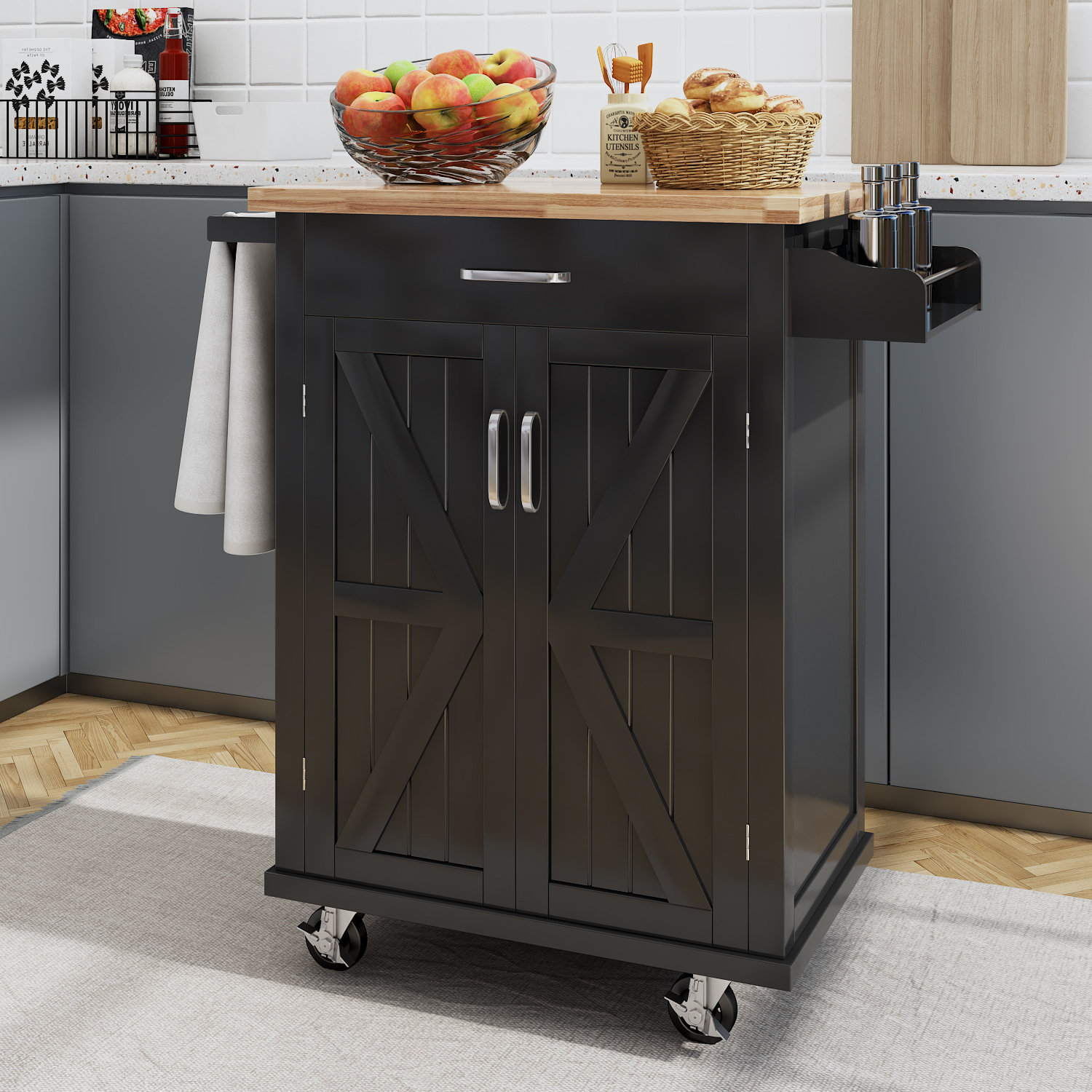 August Grove® Kitchen Island Carts On Wheels With Rubber Wood Top | Wayfair