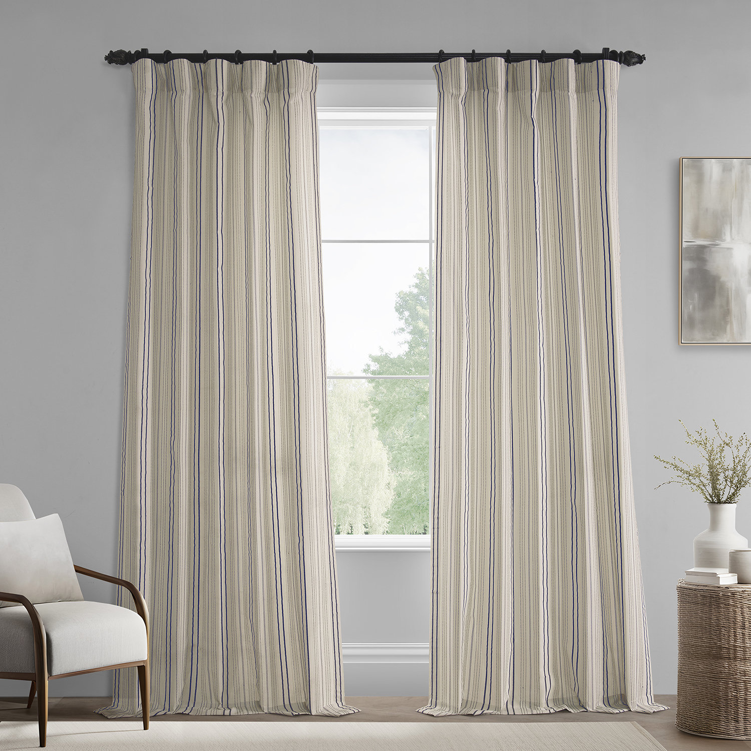 Gracie Oaks Striped Blue Linear Cotton Light Filtering Curtains For ...