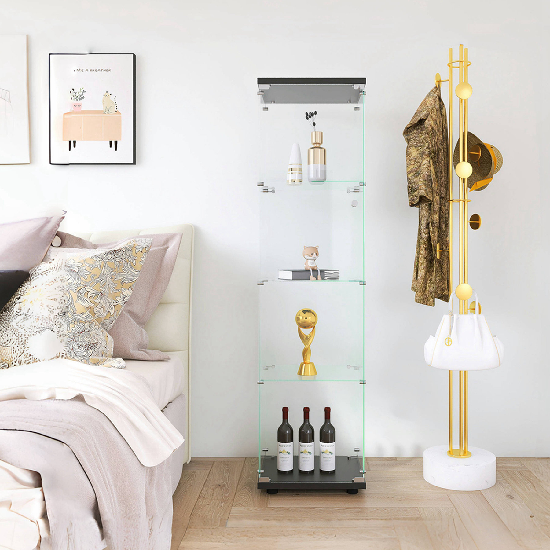 AONYAYBM Glass Display Cabinet 4 Shelves With Door, Floor Standing ...