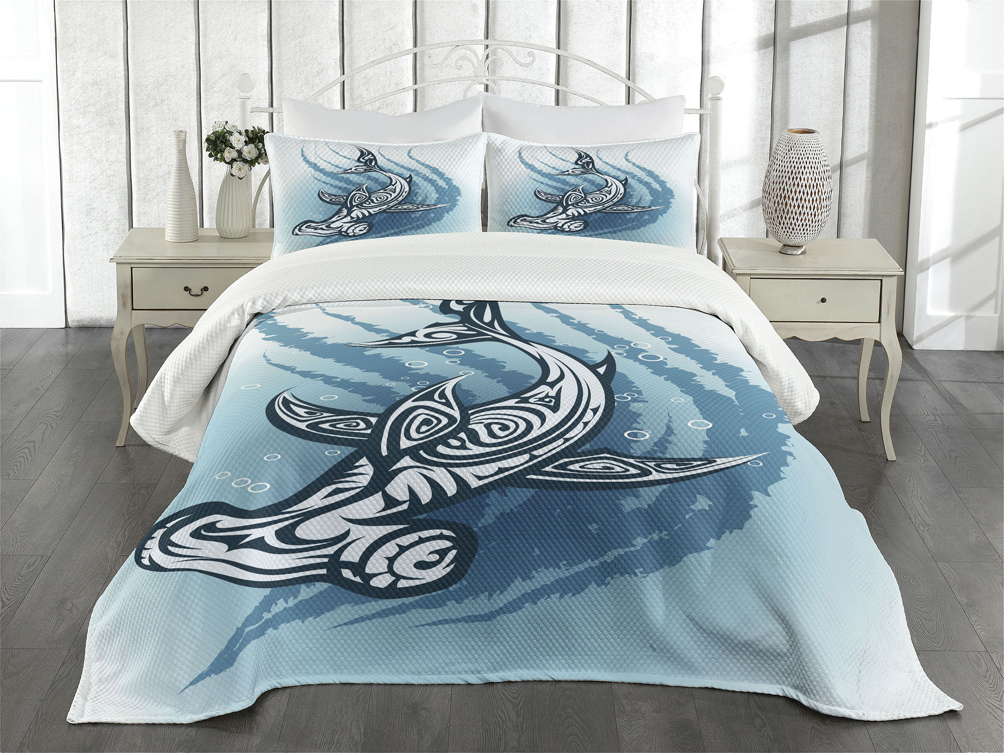 Ambesonne Shark Bedspread Set Hammerhead Fish Ornate Dark Petrol Blue ...