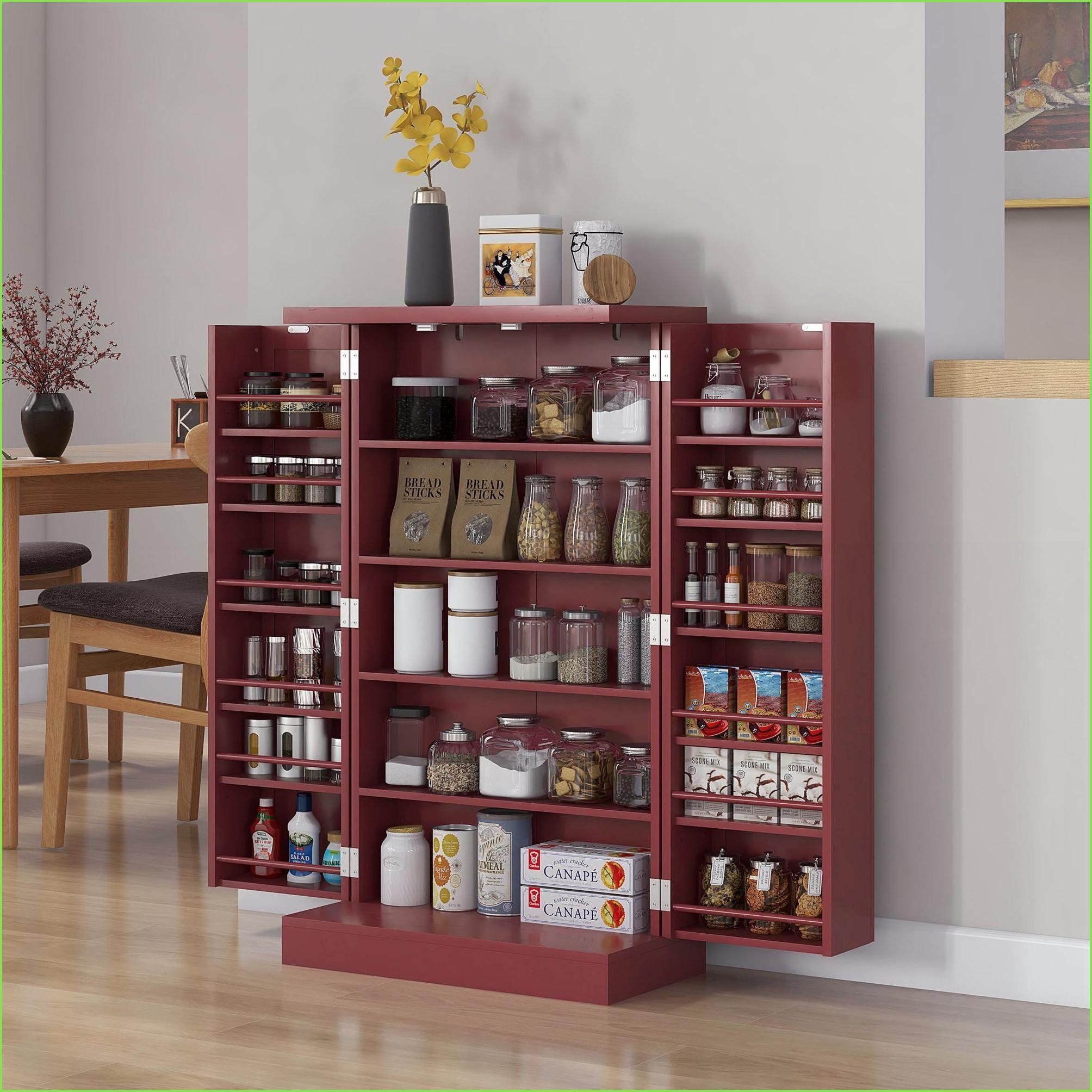 Ebern Designs HOMCOM 41” Red Kitchen Pantry Cabinet, Freestanding ...