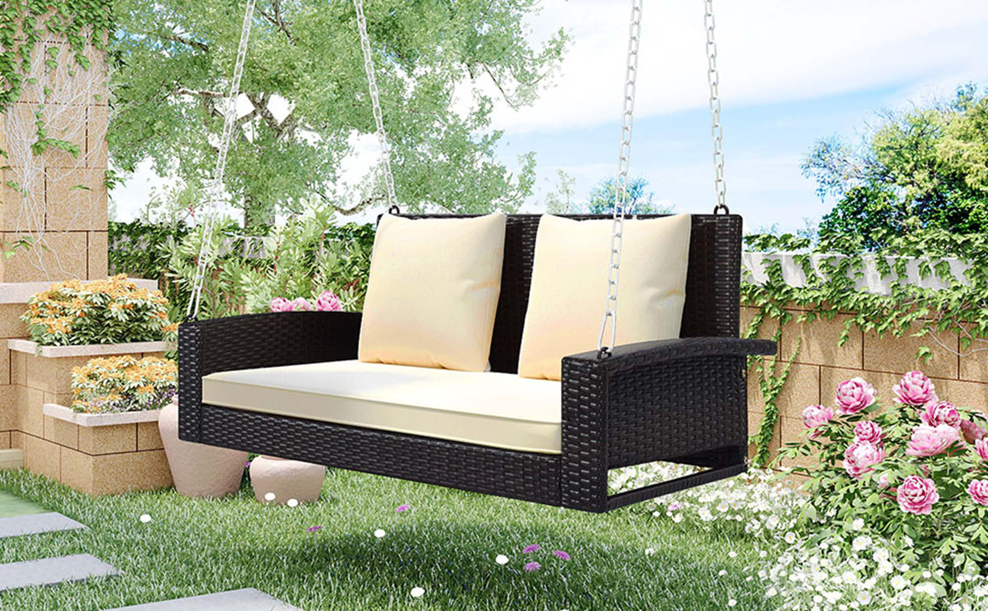 Lark Manor™ 2-Person Wicker Hanging Porch Swing With Chains, Cushion, Pillow, Rattan Swing Bench ...