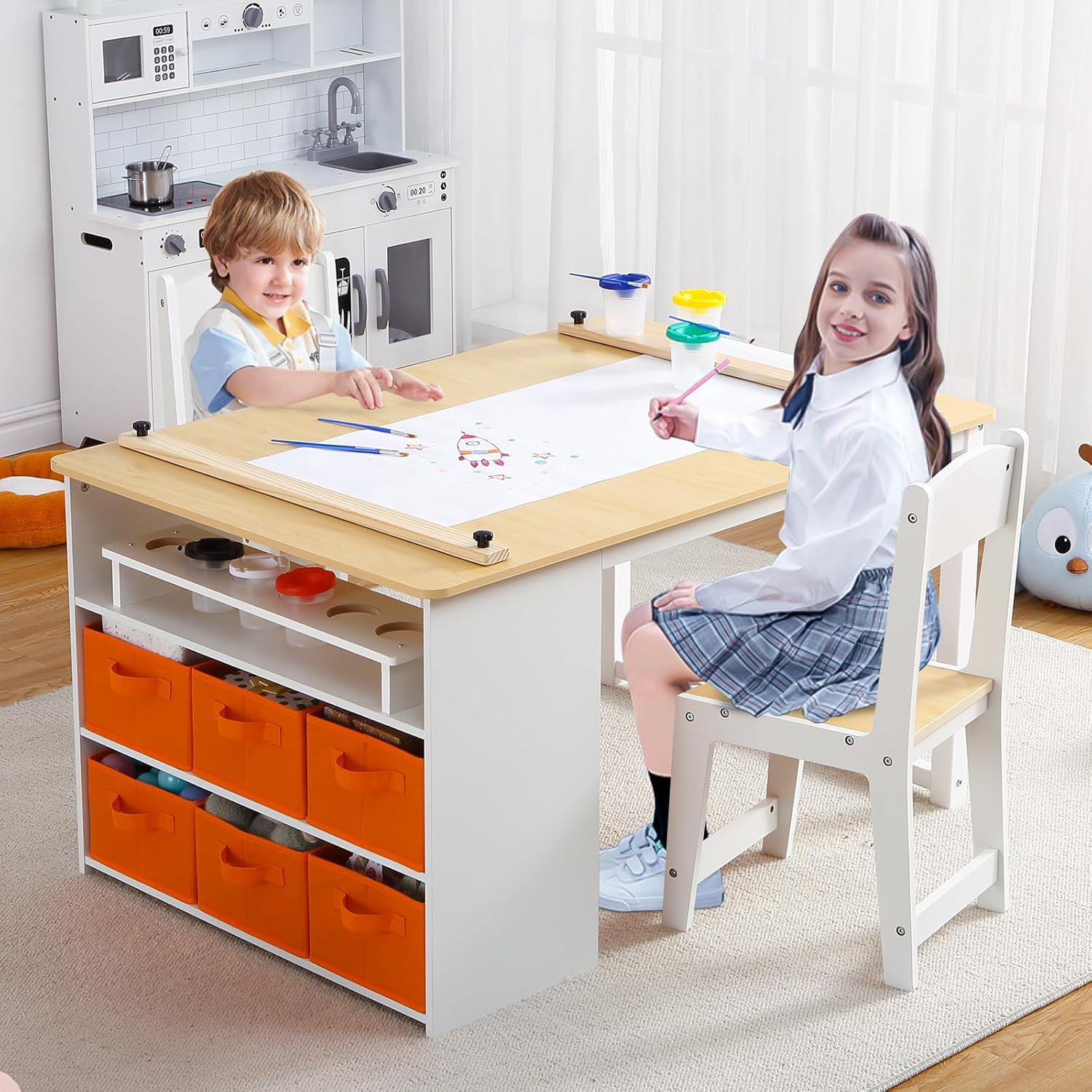 ASOPIX 3 In 1 Kids Art Table and Chair Set, Toddler Craft and Play Wood ...