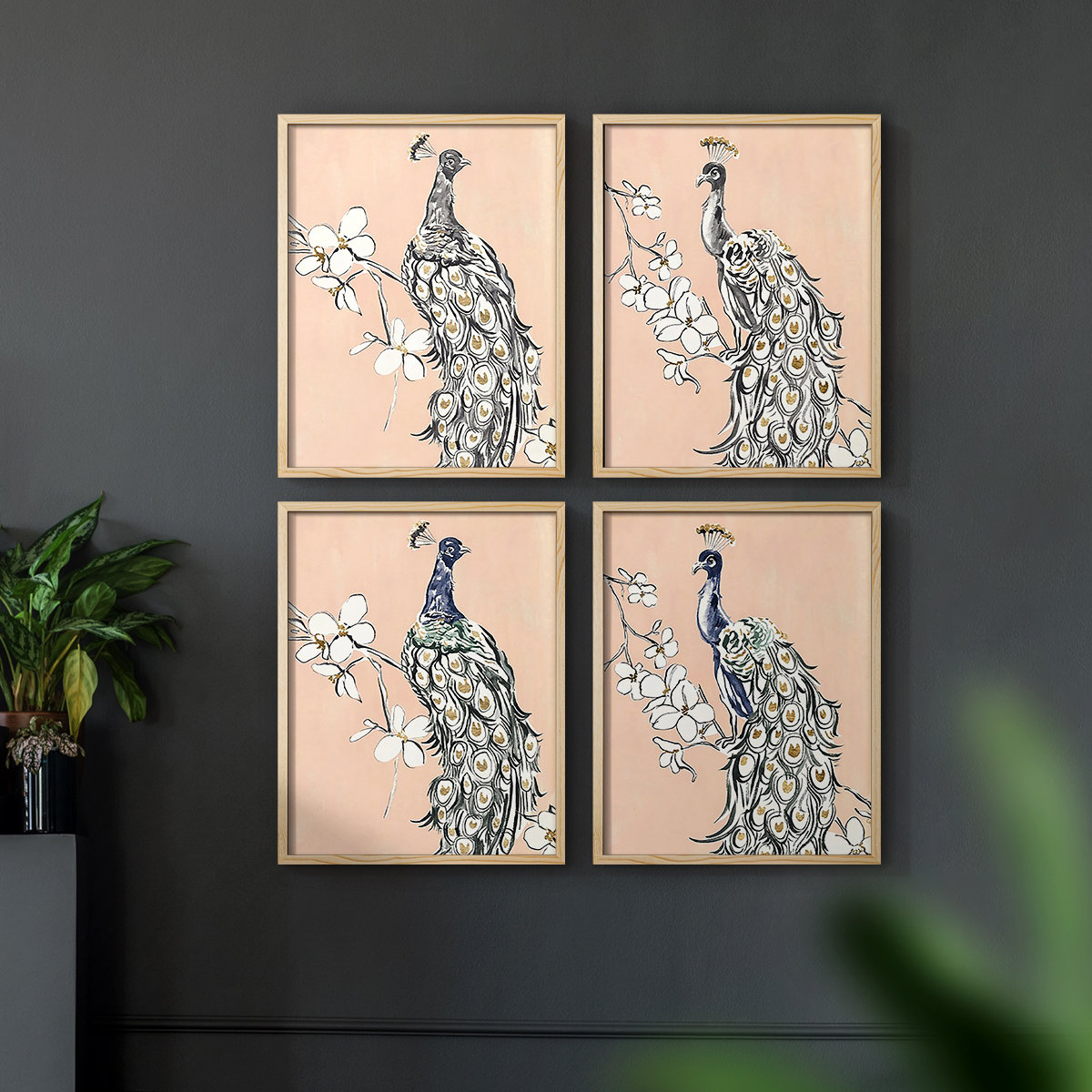 Winston Porter Peacock in Gold I Framed Print - Set of 4 | Wayfair