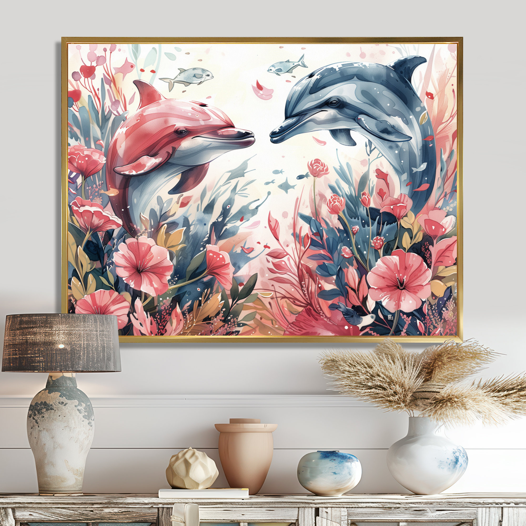 Beachcrest Home™ Grey Pink Dancing Dolphins Sea Creatures - Sea ...