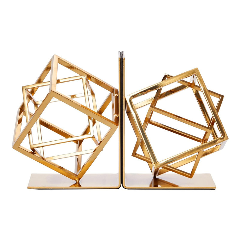 Everly Quinn Decorative Gold Bookends with Square Metal Geometric ...