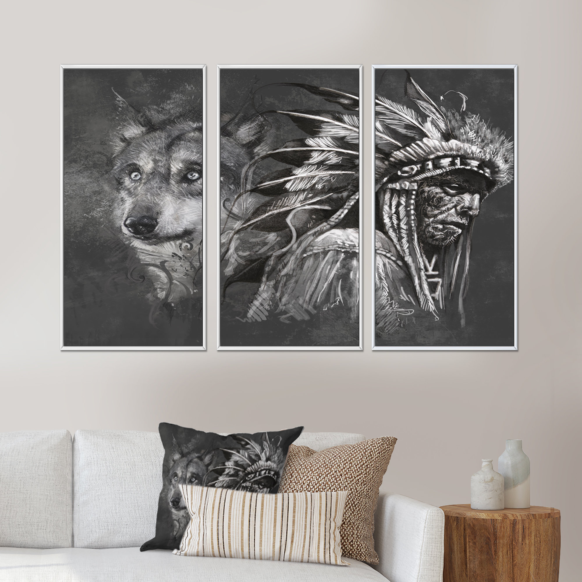 Dakota Fields Wolf And American Indian Chief - Animal Framed Canvas ...