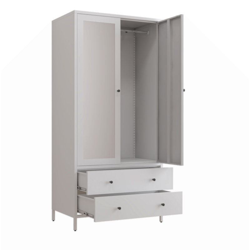 Latitude Run® Metal Armoire Wardrobe Closet With 2 Drawers, Mirror Door ...