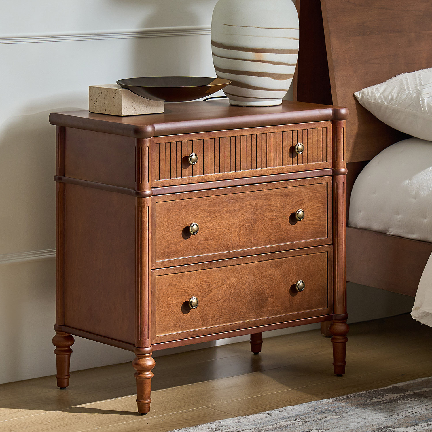 Canora Grey Kaybri Transitional 28"W 3-Drawer Fluted Solid Nightstand ...