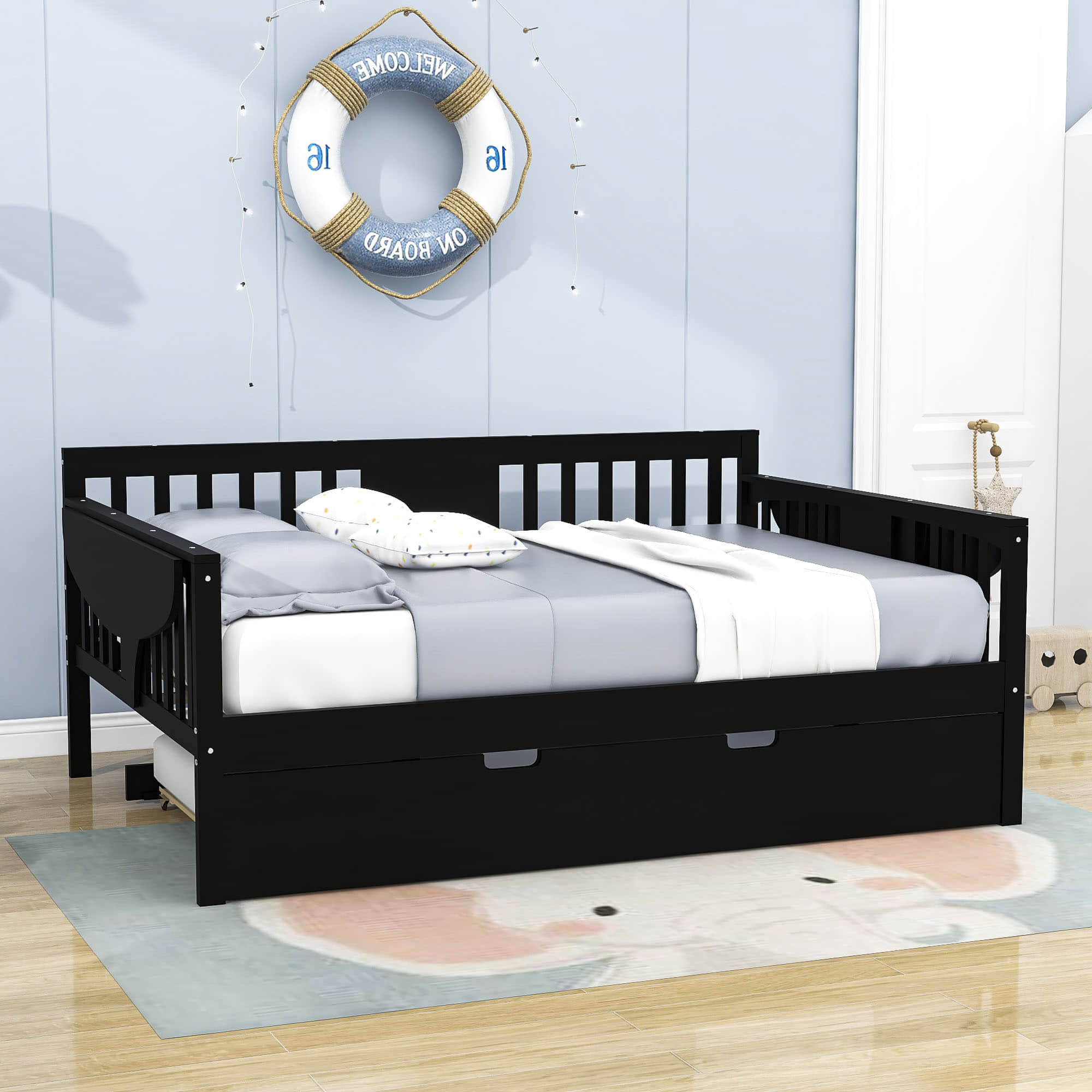 Winston Porter Corinn Full Size Wood Daybed with Trundle and Shelves ...