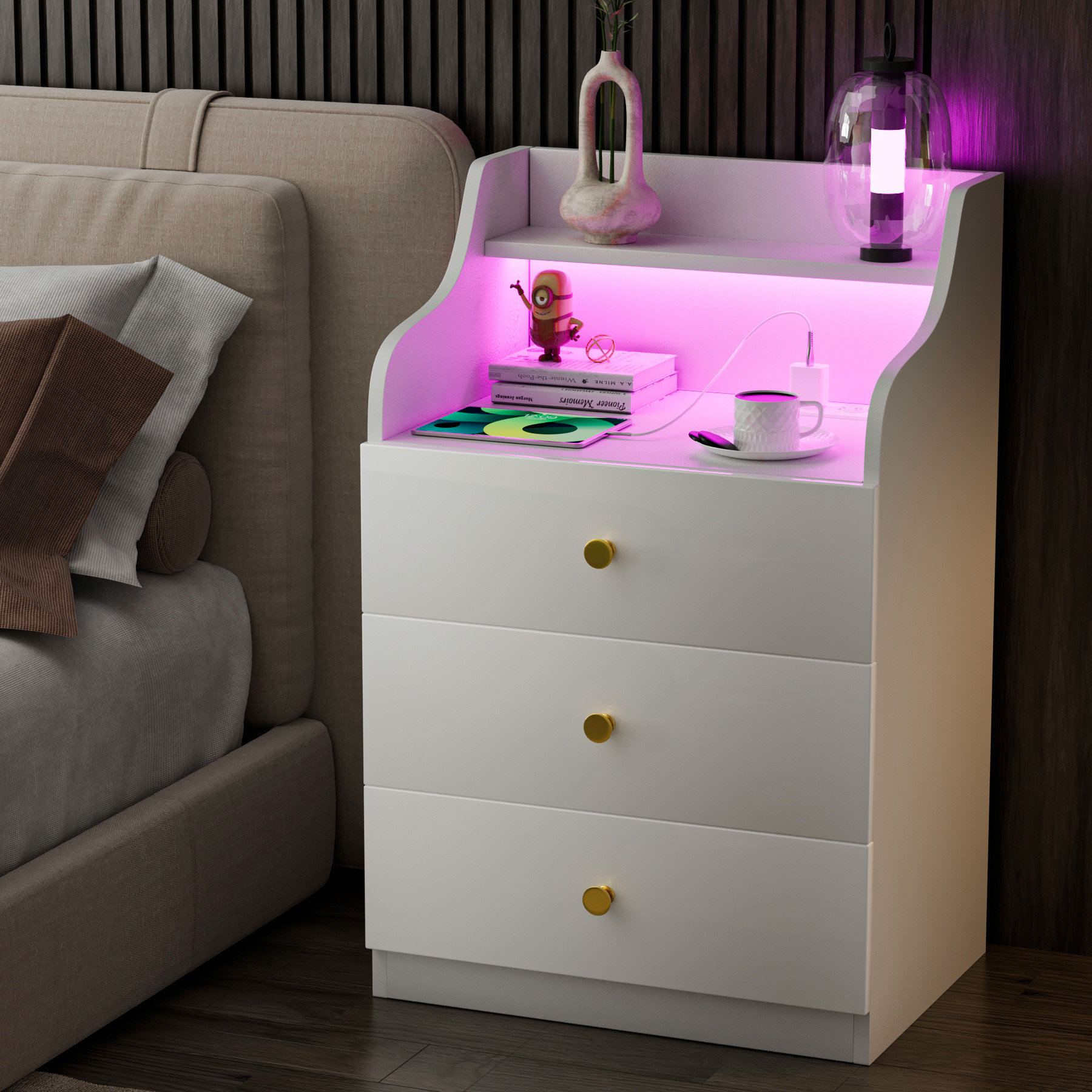 Wrought Studio™ Nightstand with LED Light Charging Station 3 Drawer ...