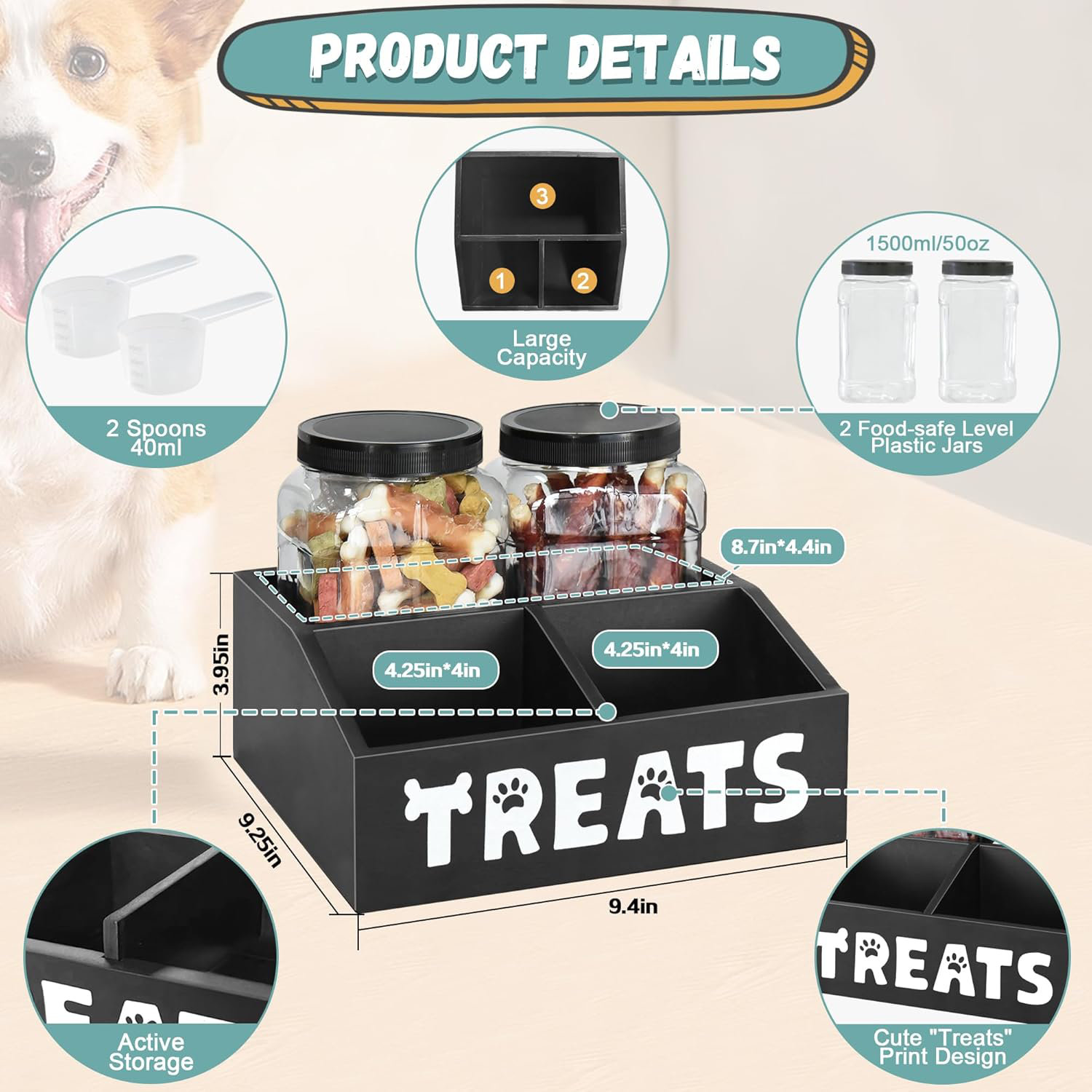 RAPTIZ Dog Treat Container, Dog Food Storage Container With 2 Plastic ...